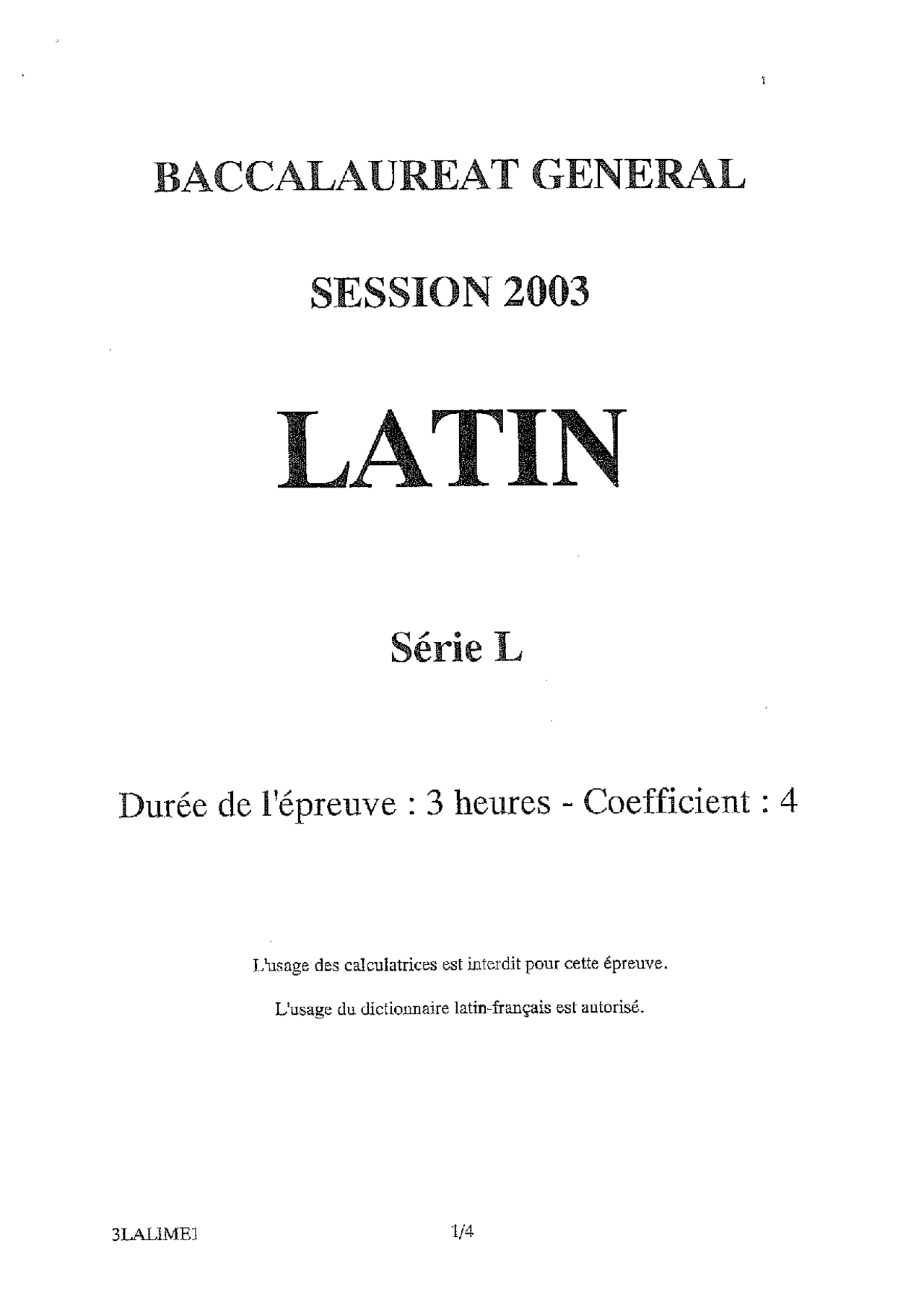 Sujet officiel complet du bac L Latin 2003 | Examens Latin | Docsity