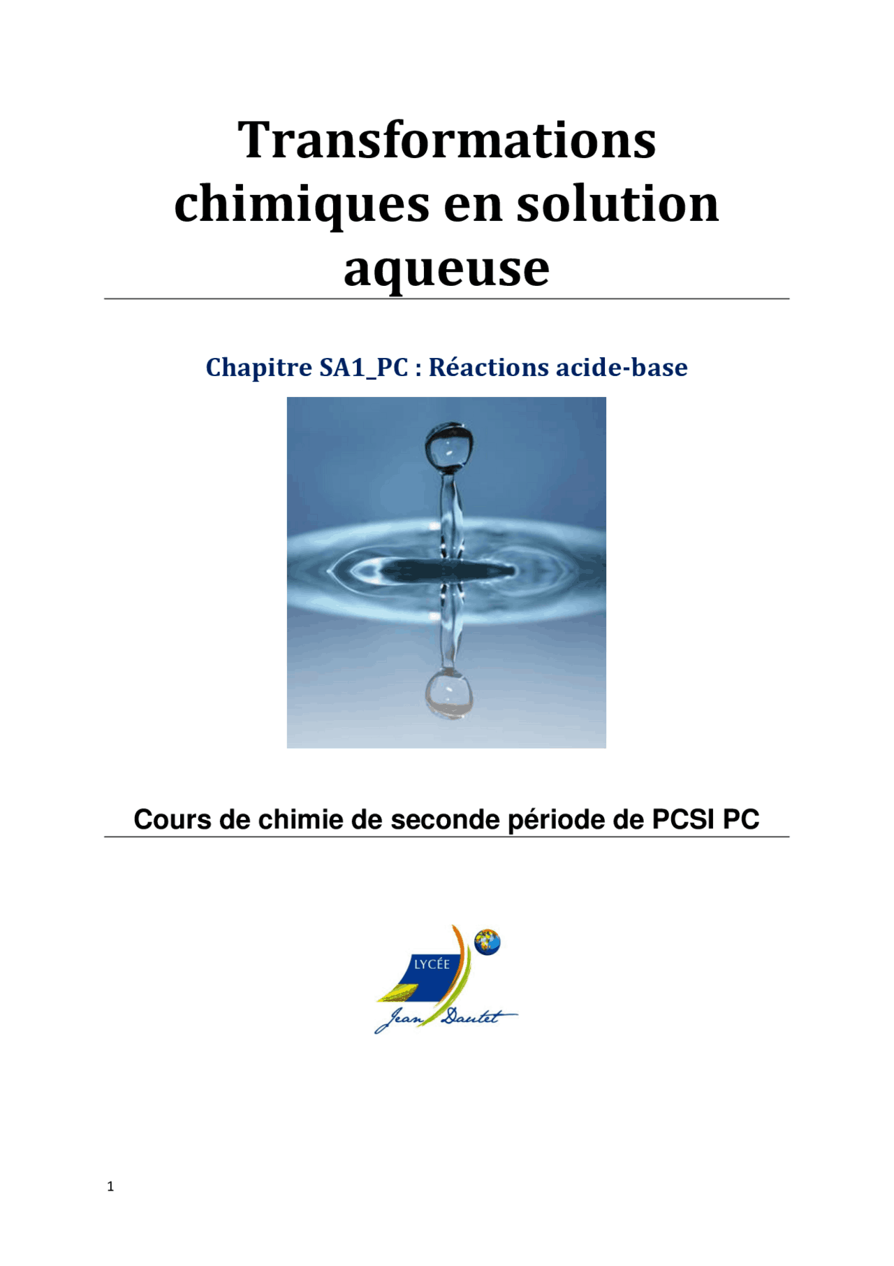 Transformations Chimiques En Solution Aqueuse Docsity