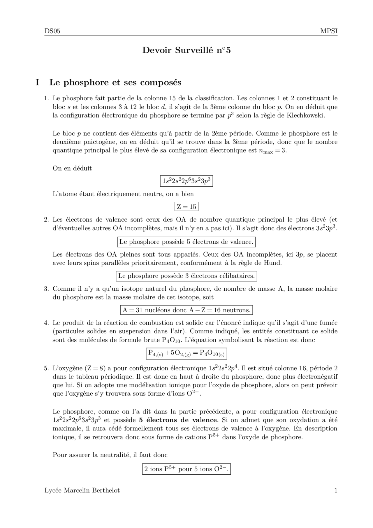 Devoir Surveillé n 5 I Le phosphore et ses composés - Docsity