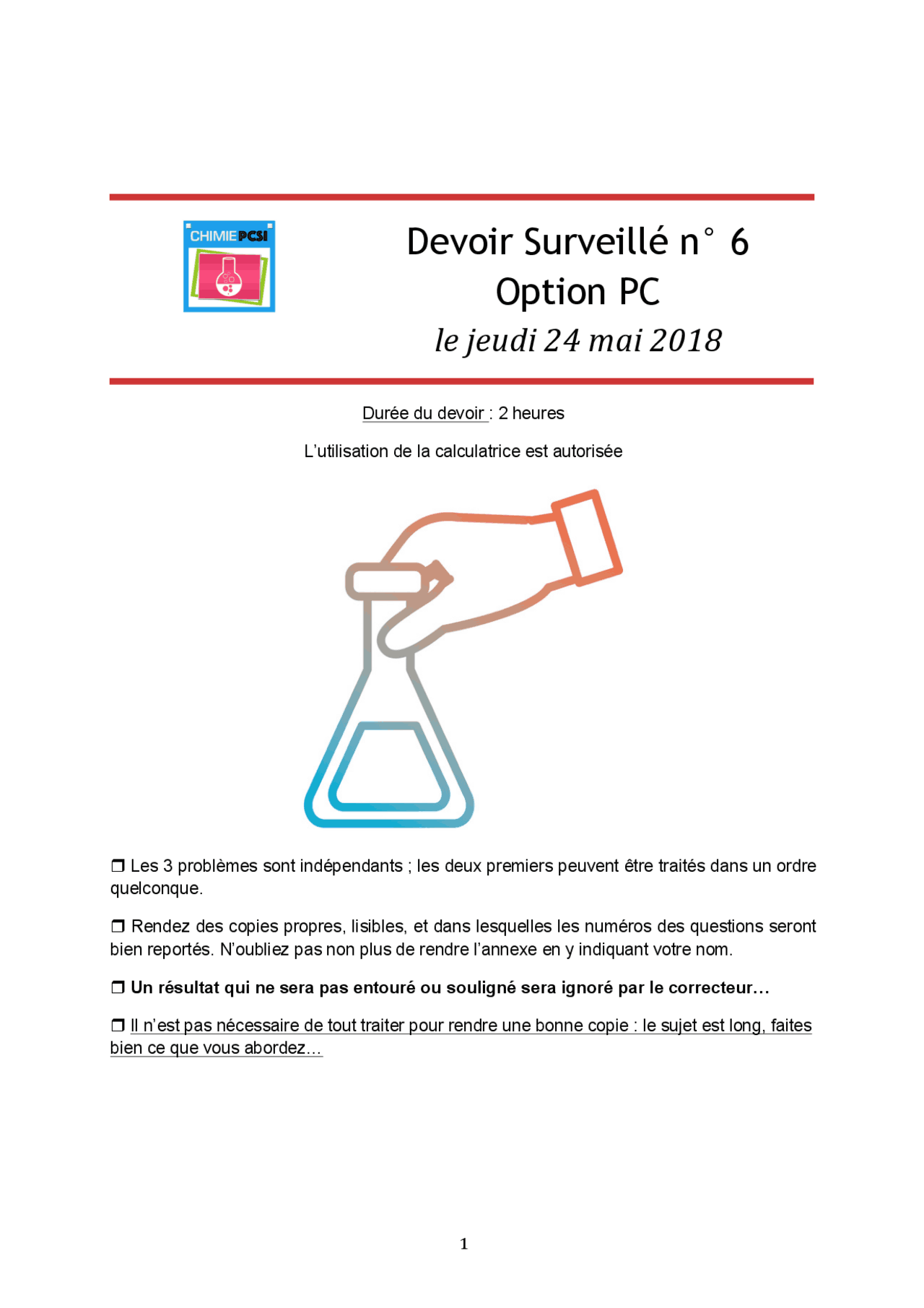 Devoir Surveillé n° 6 Option PC - Docsity