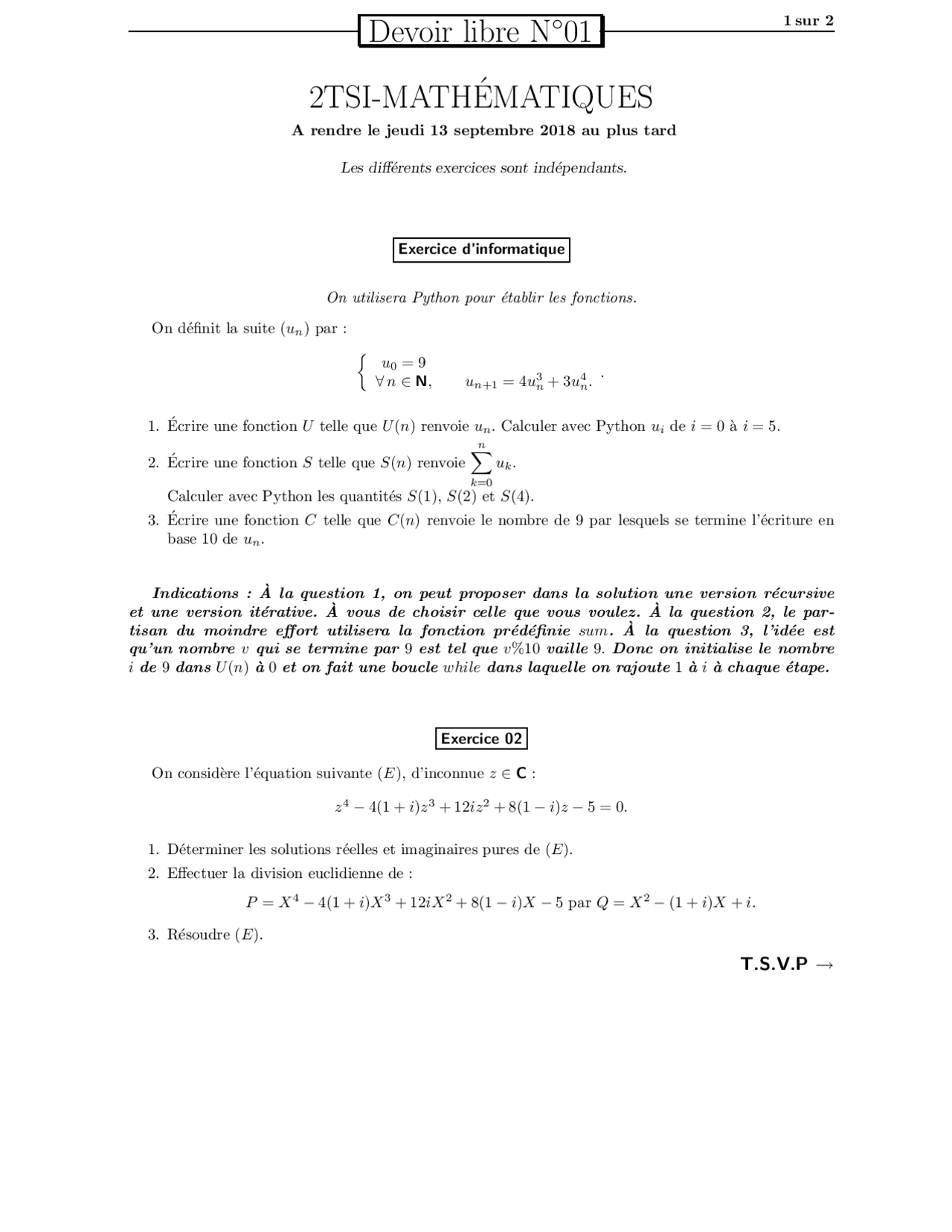 Devoir libre N 01 2TSI-MATH´EMATIQUES - Docsity