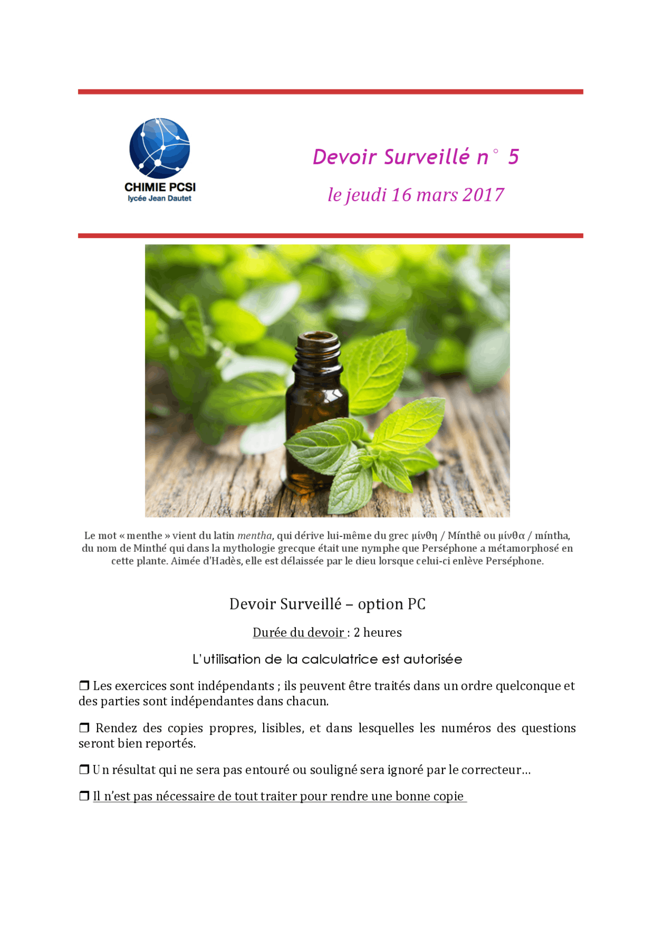 Devoir Surveillé n° 5 - Docsity