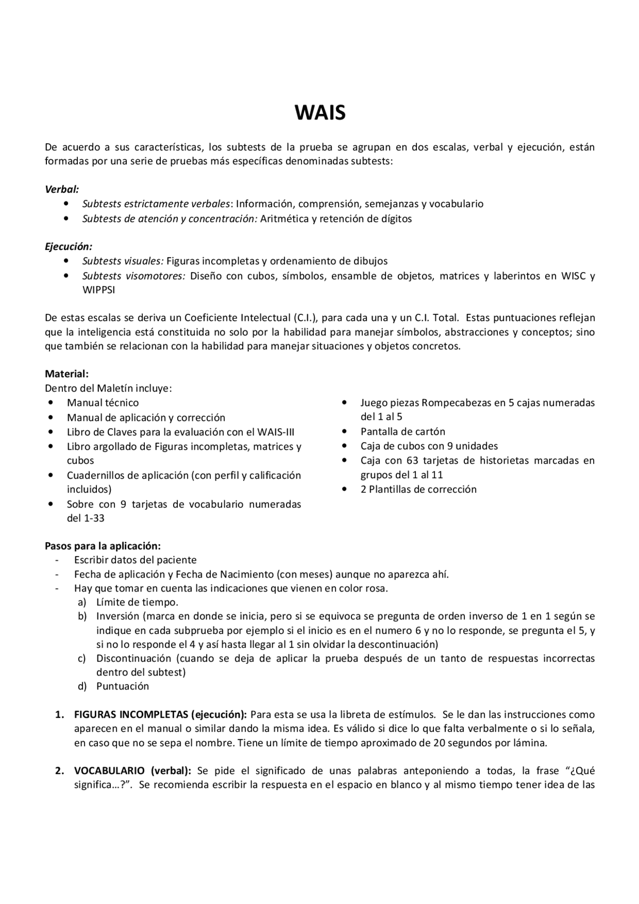 Interpretacion para analisar el test de Wais y su aplicacion ...