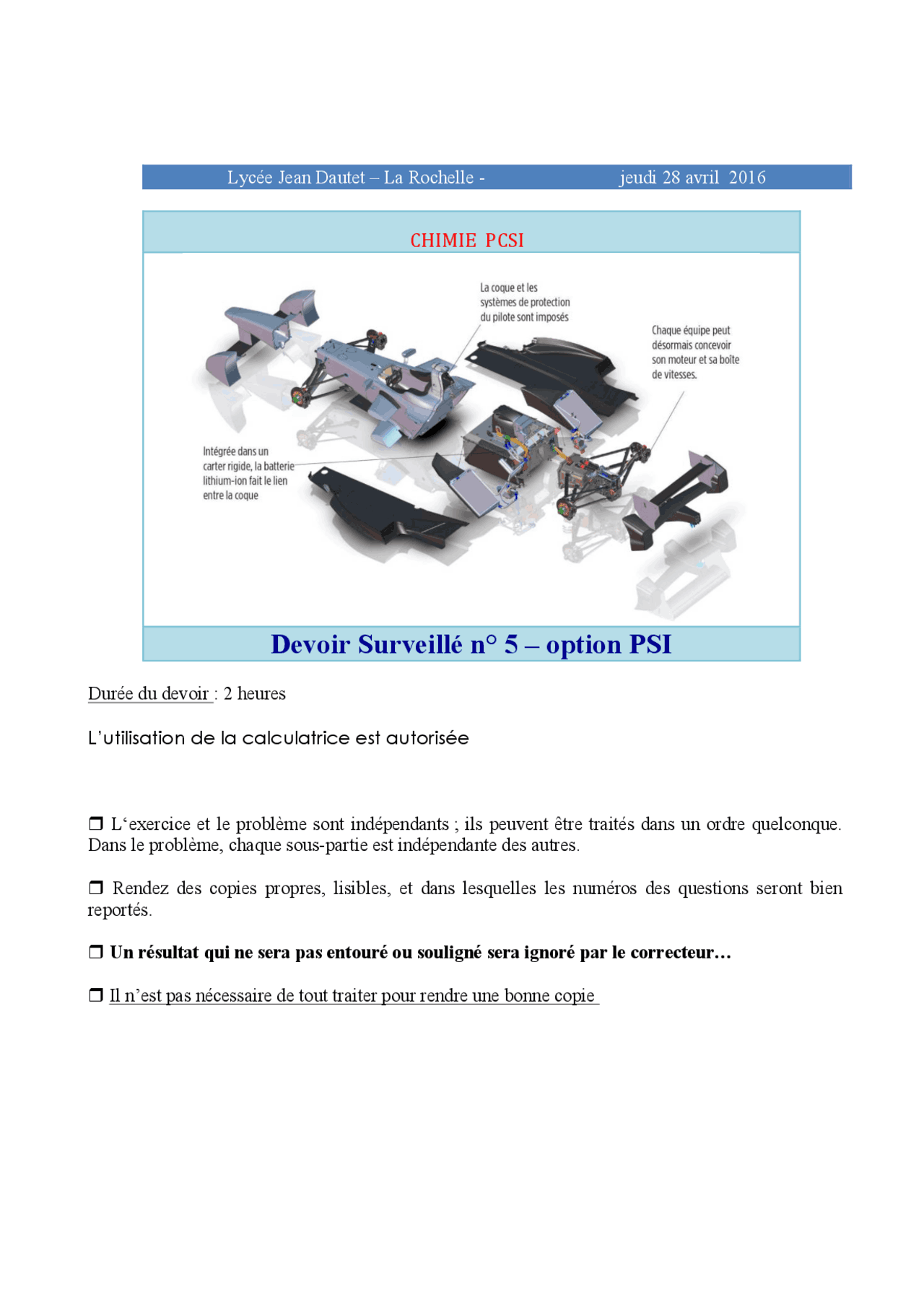 Devoir Surveillé N° 5 Option Psi Notes Chimie Docsity