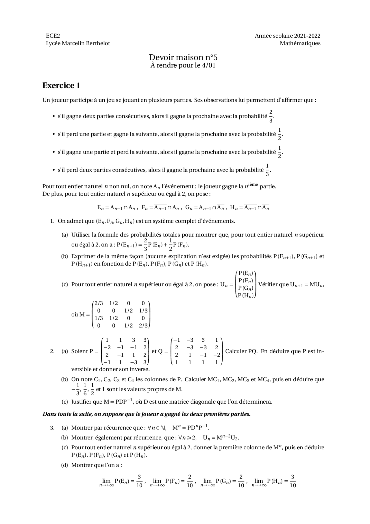 Devoir Maison N°5 Exercice 1 Exercices Mathématiques Docsity