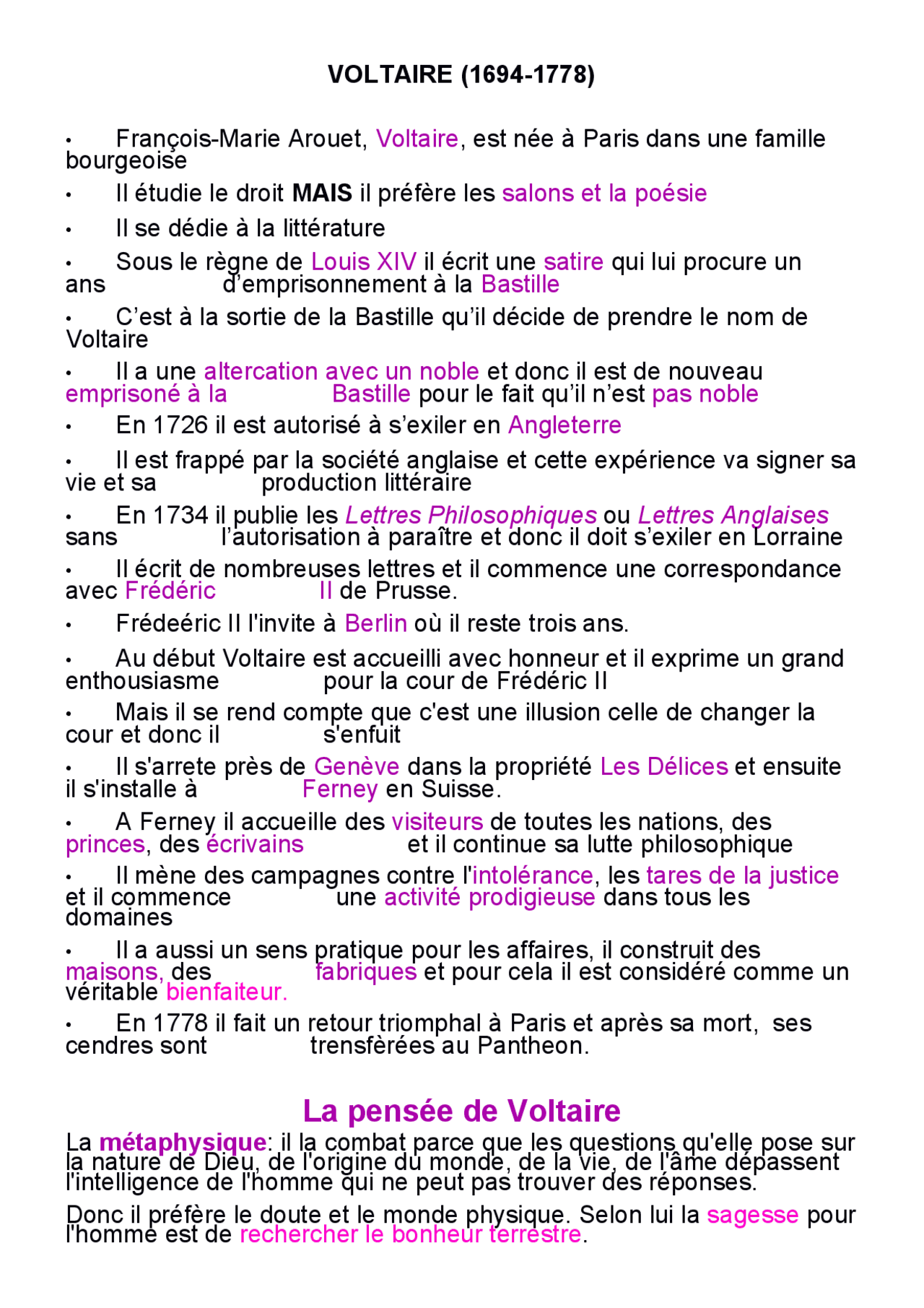 Voltaire Vita E Opere Docsity