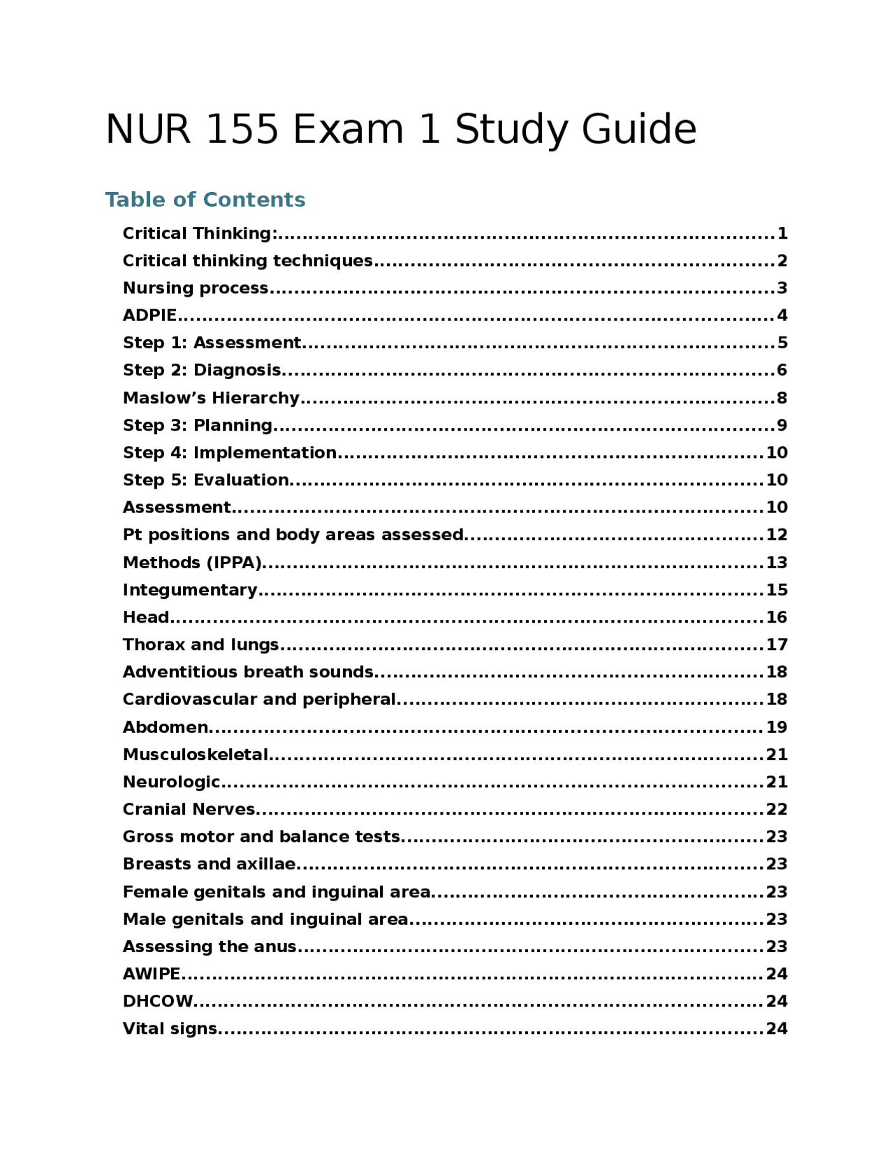 NUR155 Exam 1 Study Guide 100% Correct - Docsity
