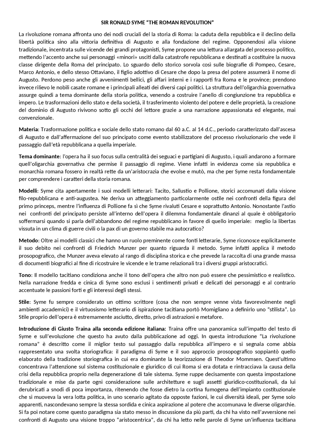 "La rivoluzione romana" di Ronald Syme - Docsity