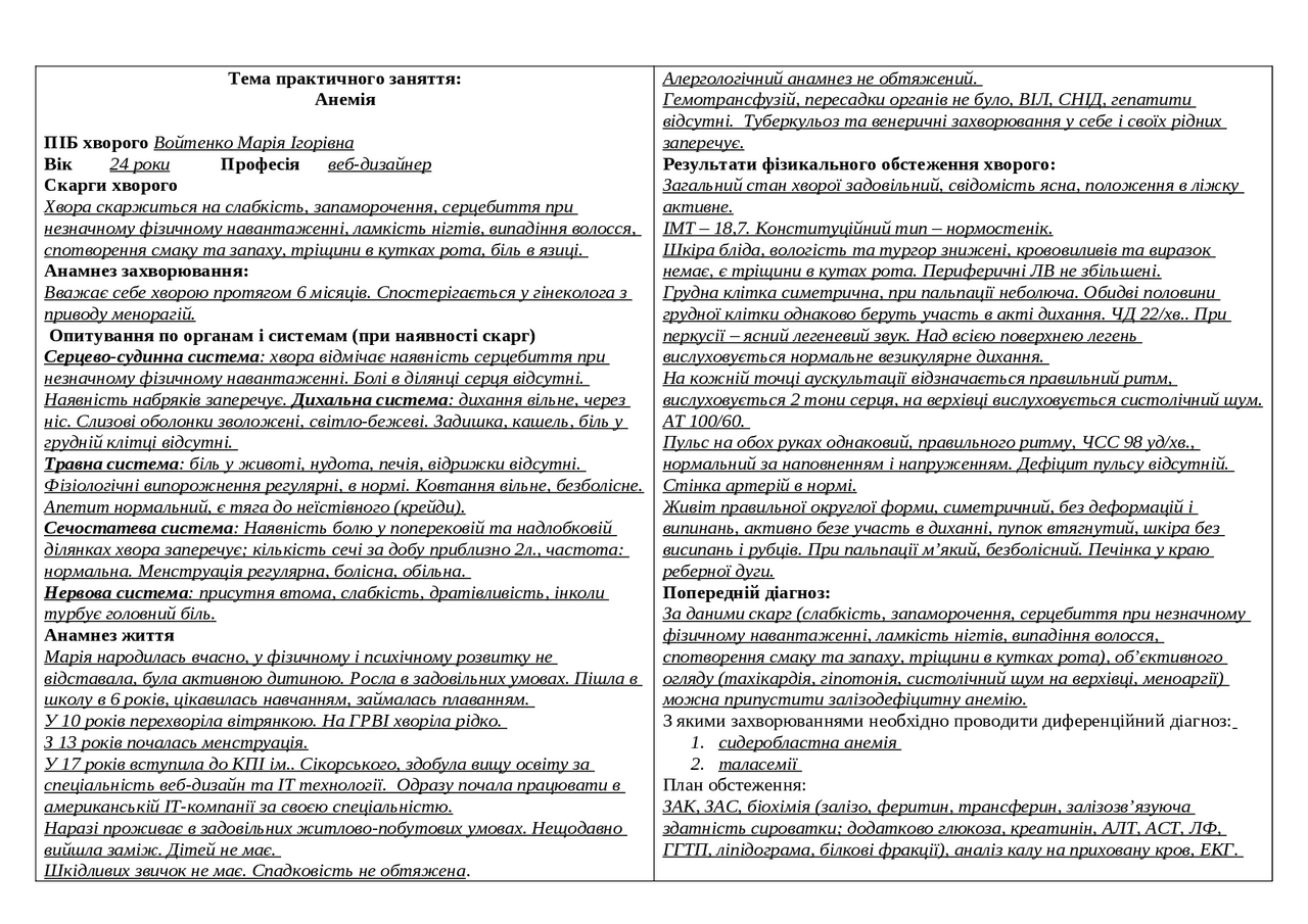 історія хвороби залізодефіцитна анемія Docsity