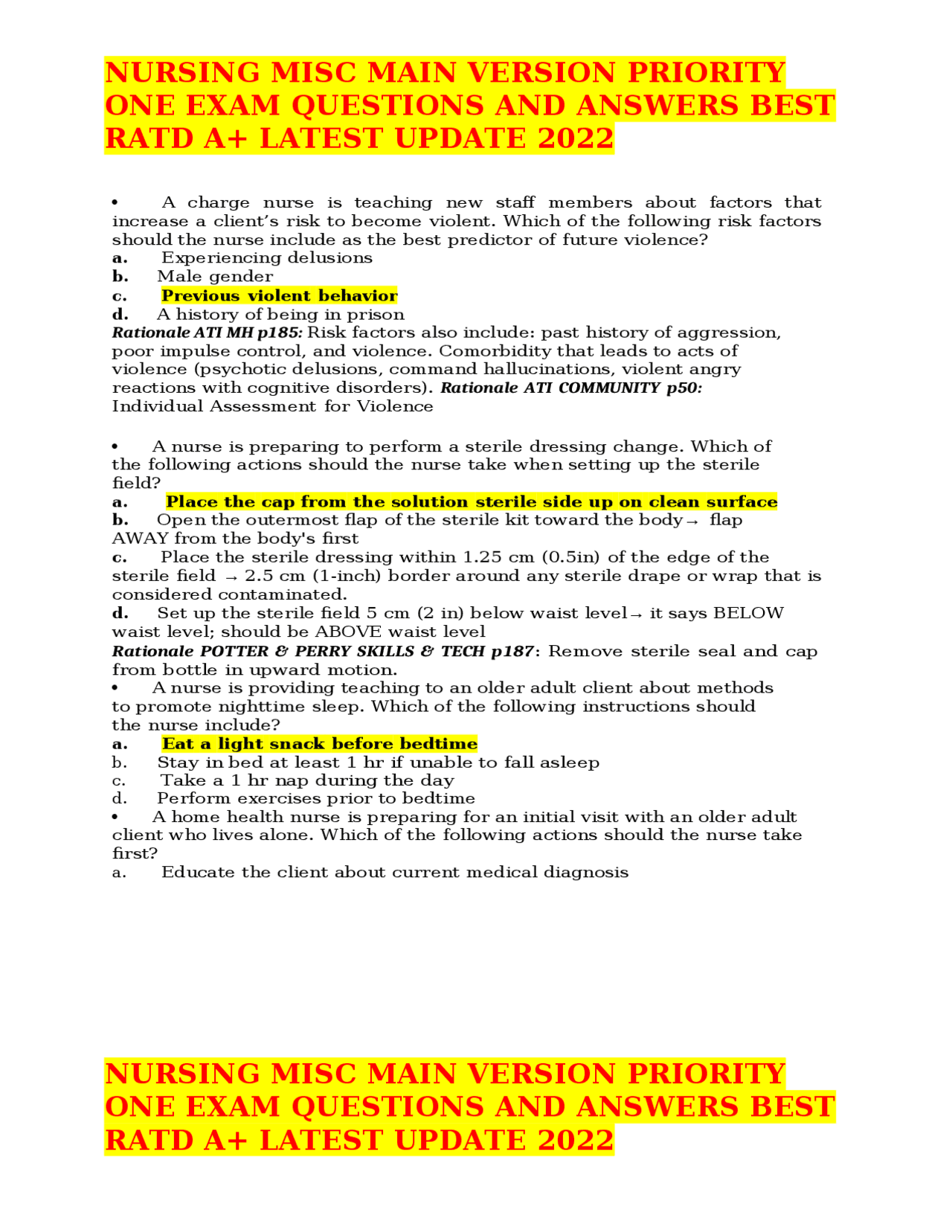 Nursing Misc Main Version Priority One Exam Questions And Answers Best