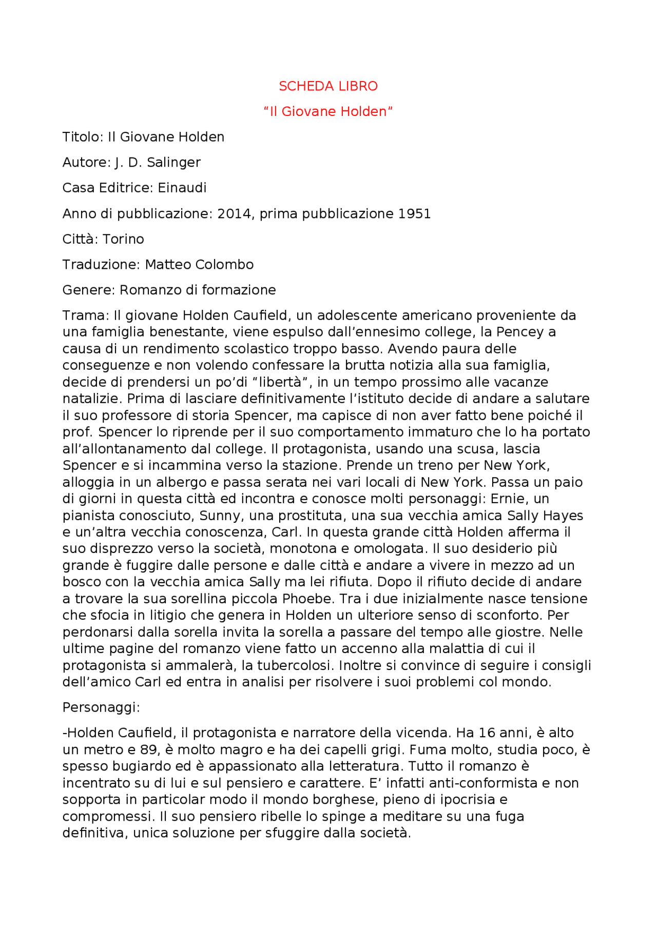 SCHEDA LIBRO/COMMENTO-"IL GIOVANE HOLDEN" - Docsity