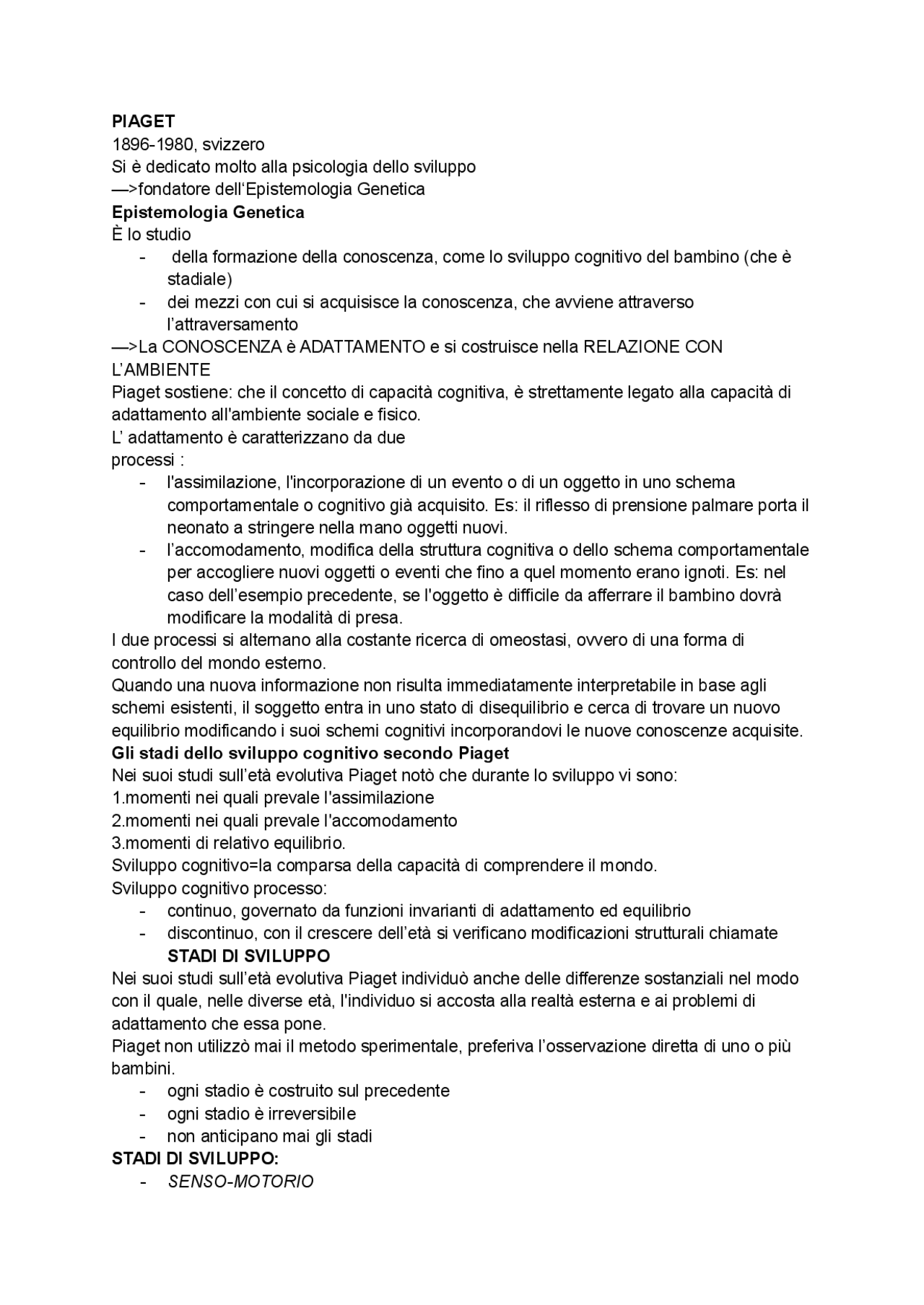 Piaget- Stadi dello sviluppo cognitivo | Schémas de Scienze Umane | Docsity