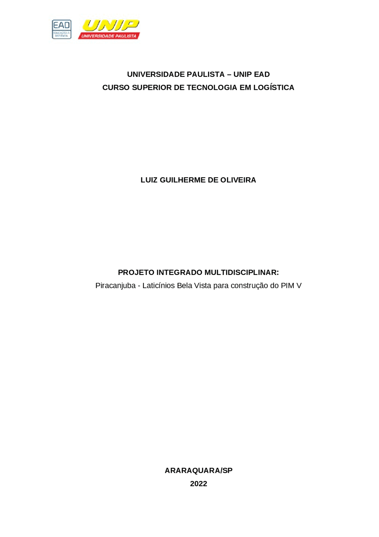 Projeto Integrado Multidisciplinar V 5 Logistica Unip Docsity