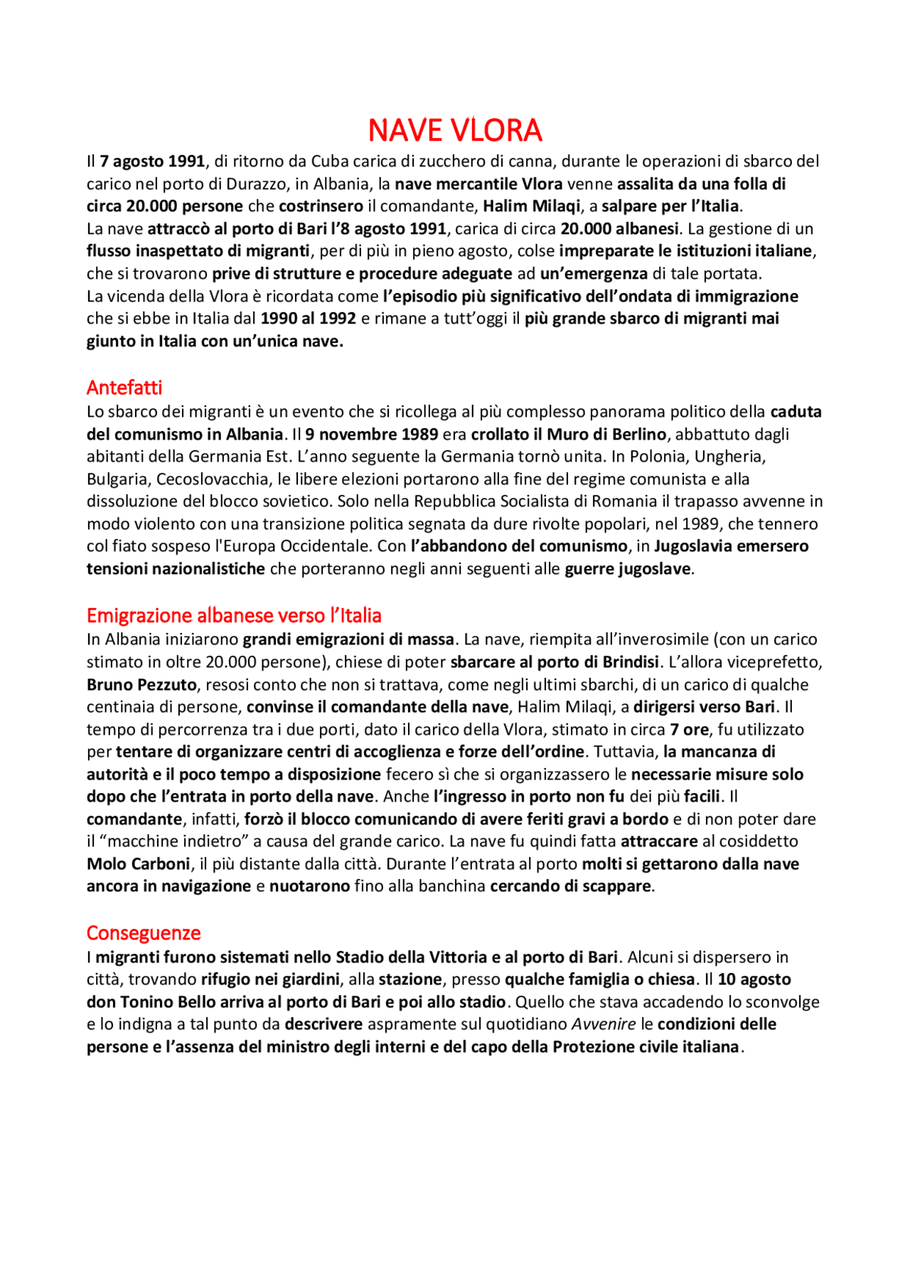 Nave Vlora riassunto | Appunti di Storia Contemporanea - Docsity