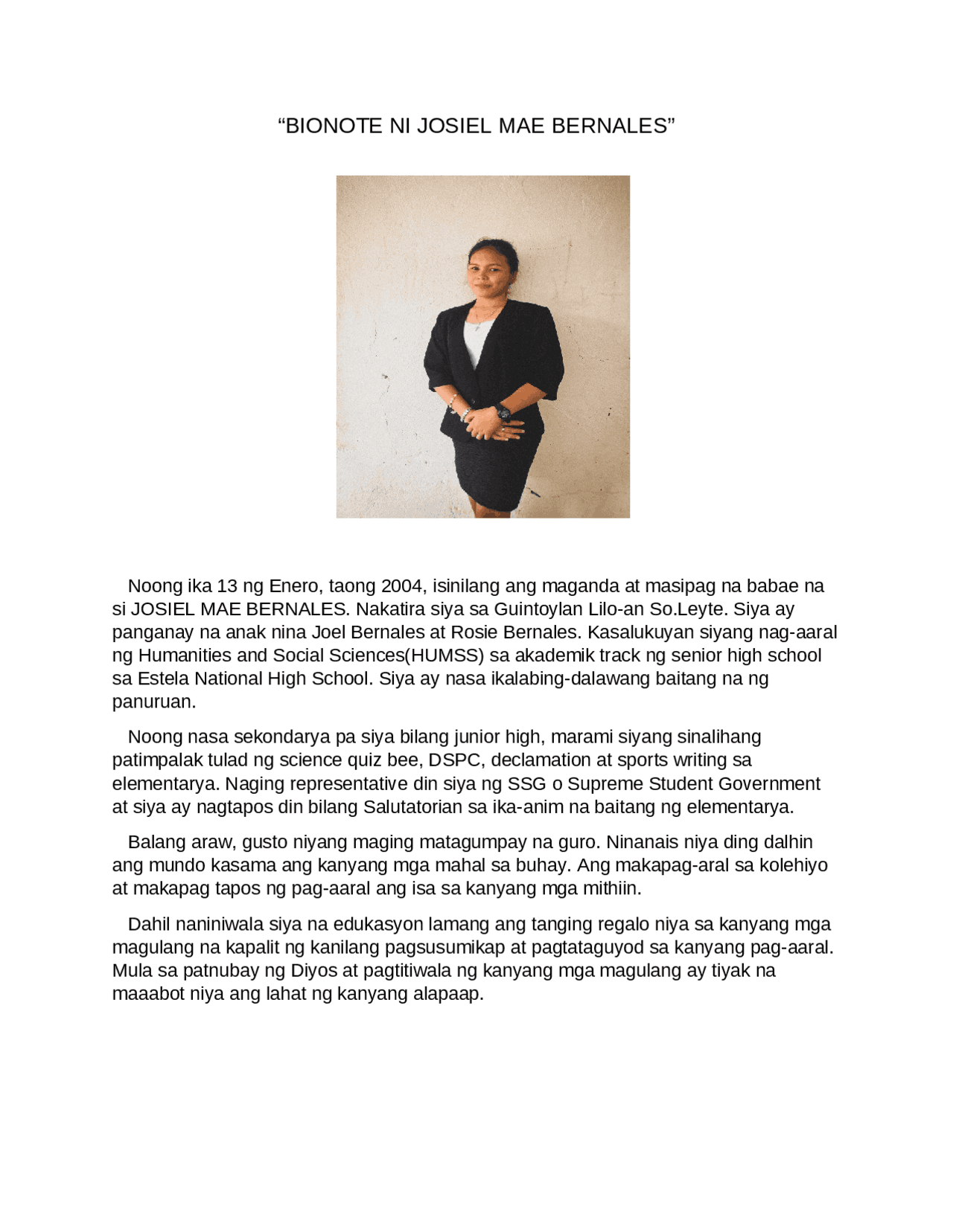 Bionote of a person's life | High school final essays English | Docsity