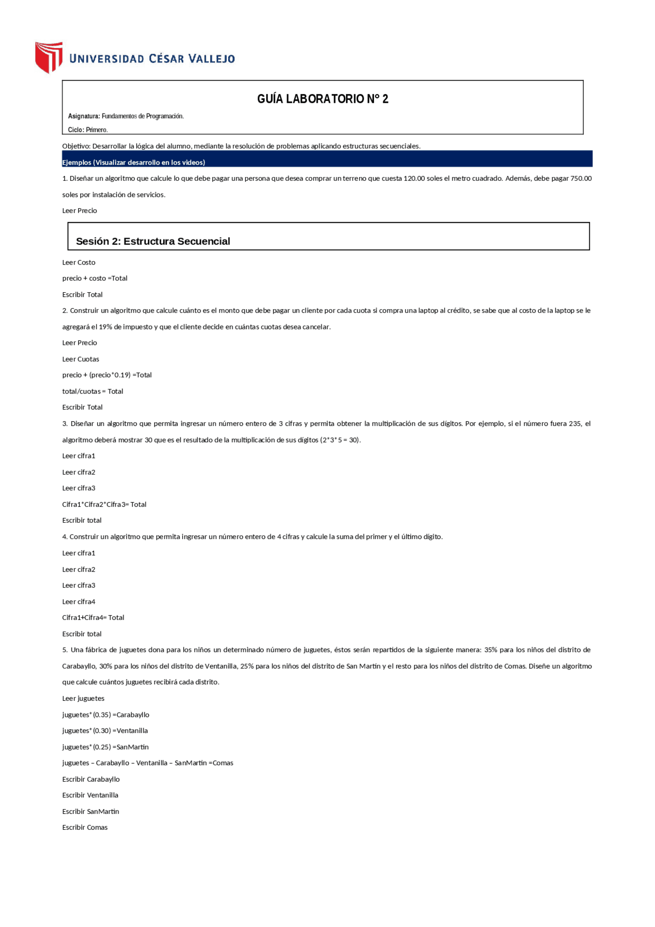 Programación Sesión 2 Ejercicios De Matemáticas Docsity