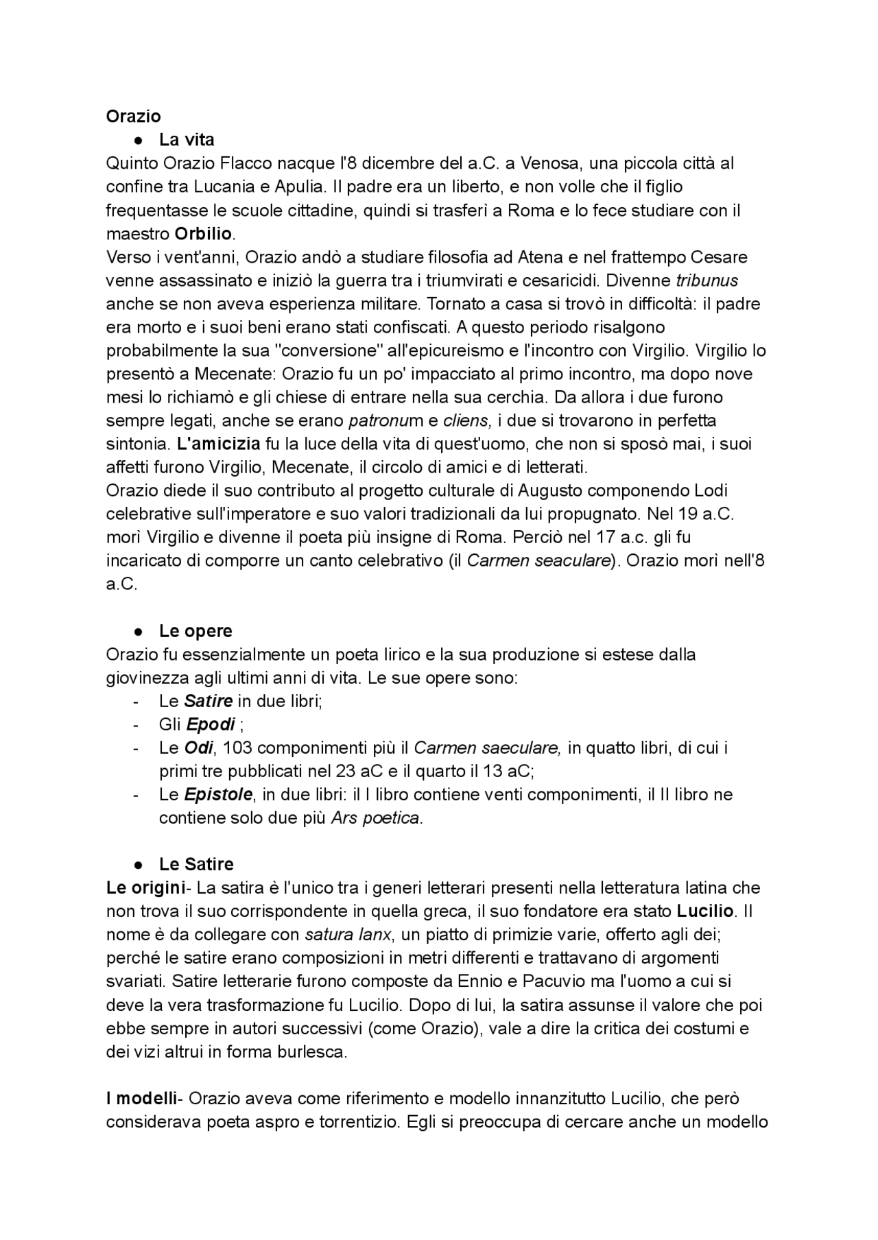 Vita E Opere Di Orazio Docsity