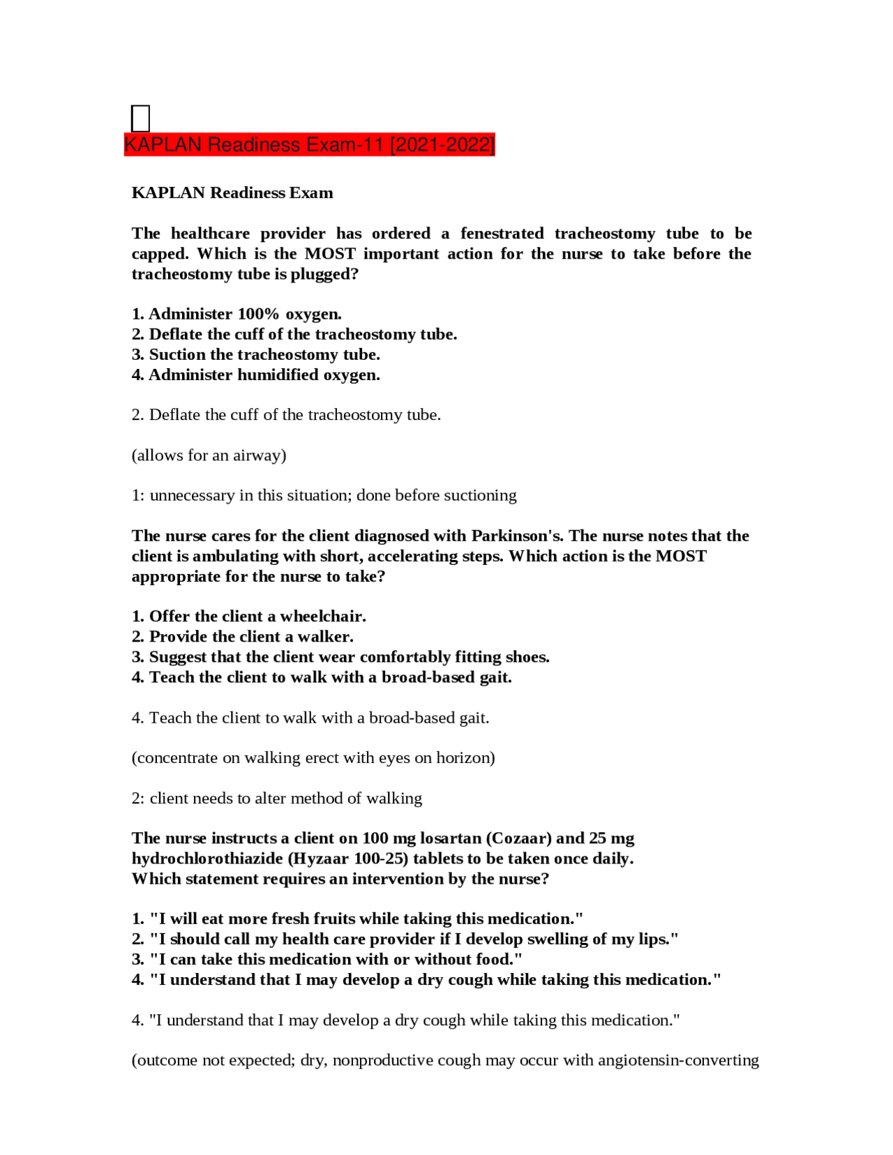 KAPLAN Readiness Exam-11. - Docsity