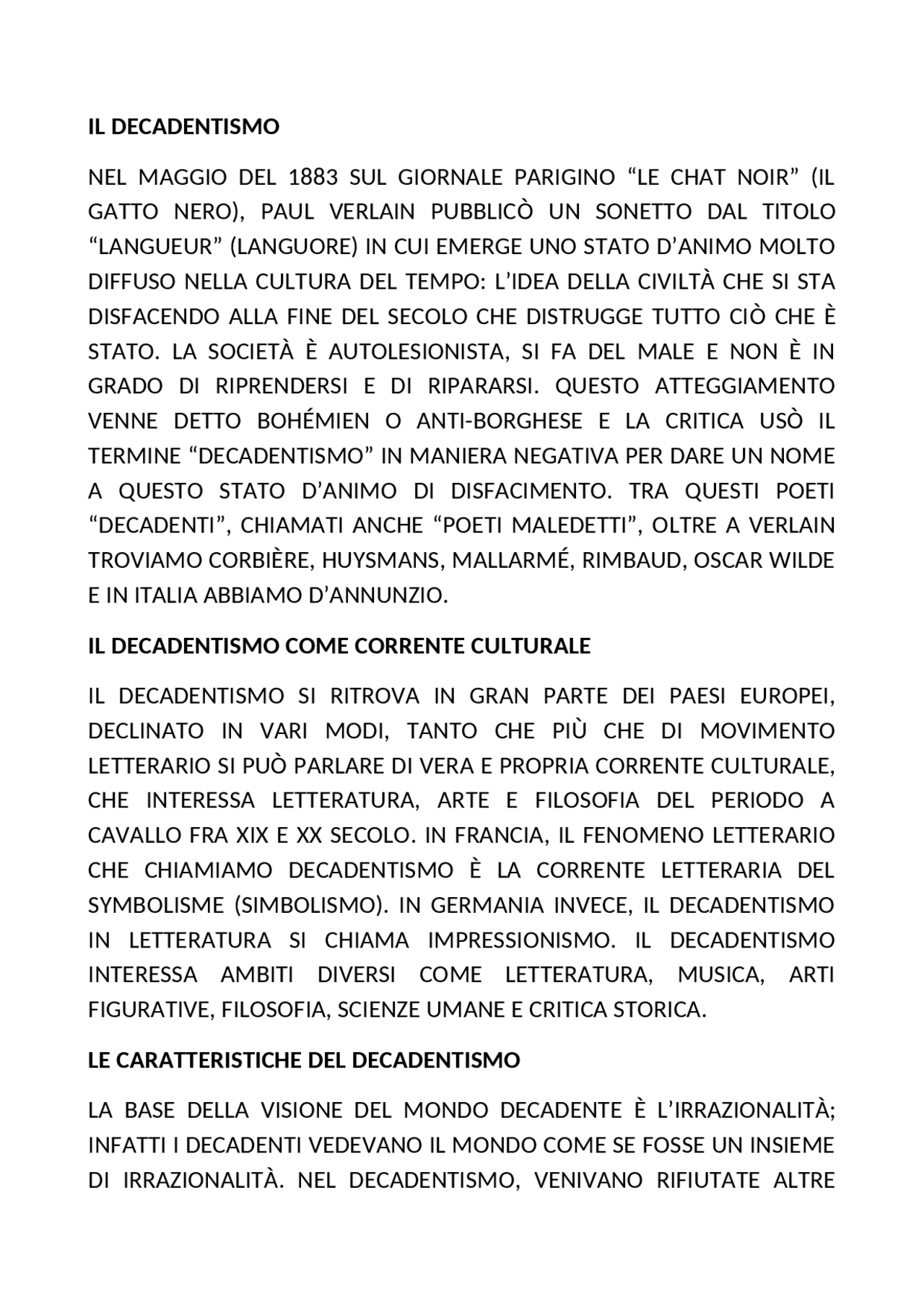 Riassunto Decadentismo Generale Docsity