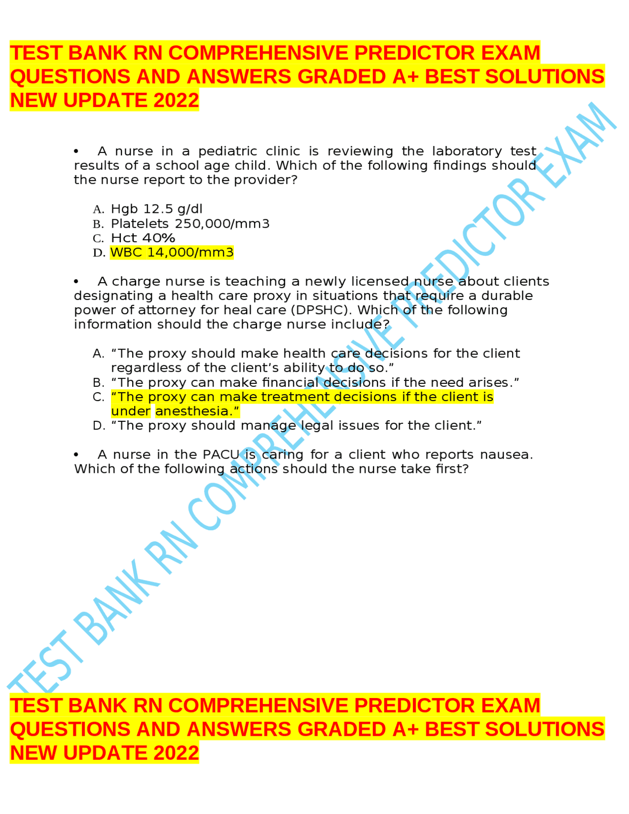 Test Bank Rn Comprehensive Predictor Exam Questions And Answers Graded