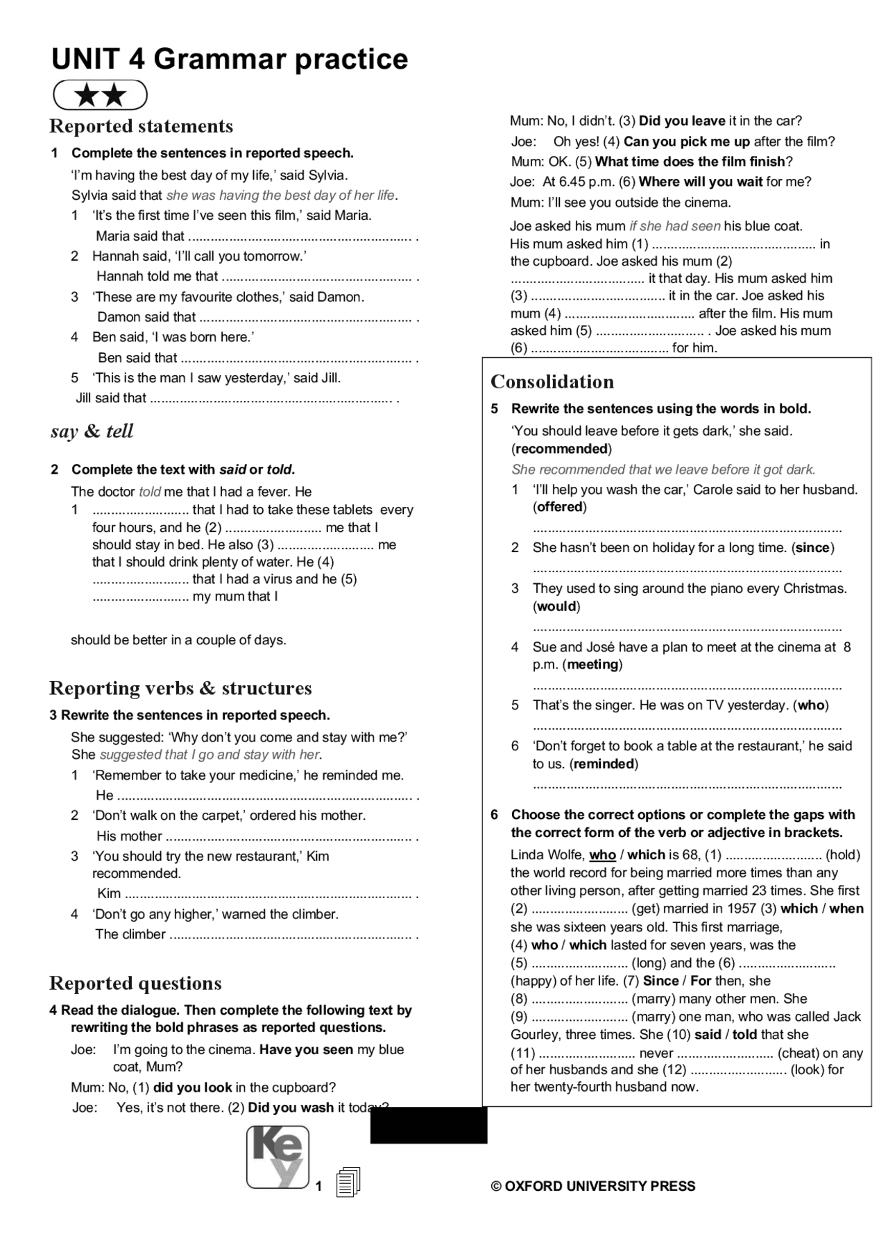 Ficha Unit 4 Grammar (2) Key to Bachillerato 1 | Exercices de Anglais | Docsity