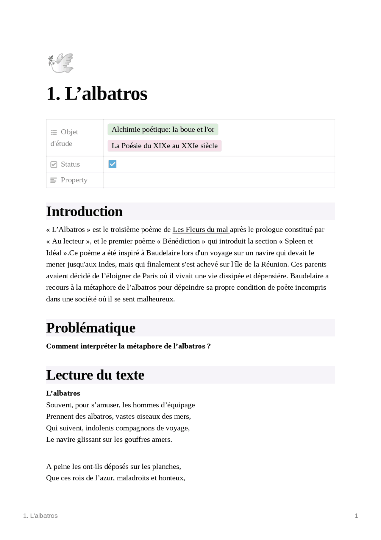 L'analyse linéaire - L'albatros - Docsity