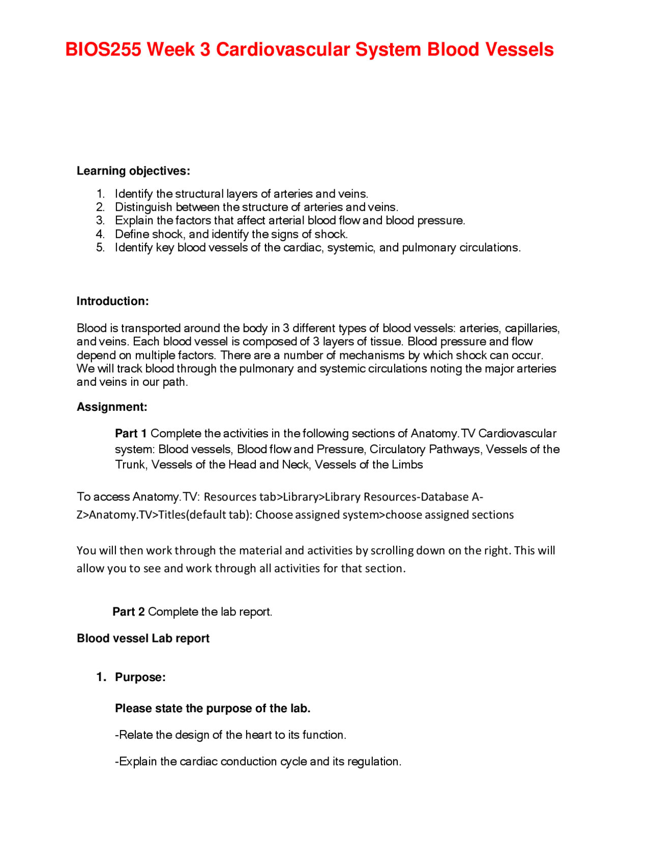 BIOS255 Week 3 Cardiovascular System Blood Vessels Study Guide | Study ...