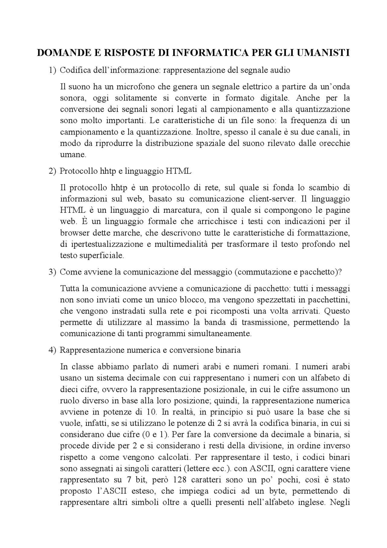 Domande e risposte Esame di Informatica per gli umanisti - Docsity