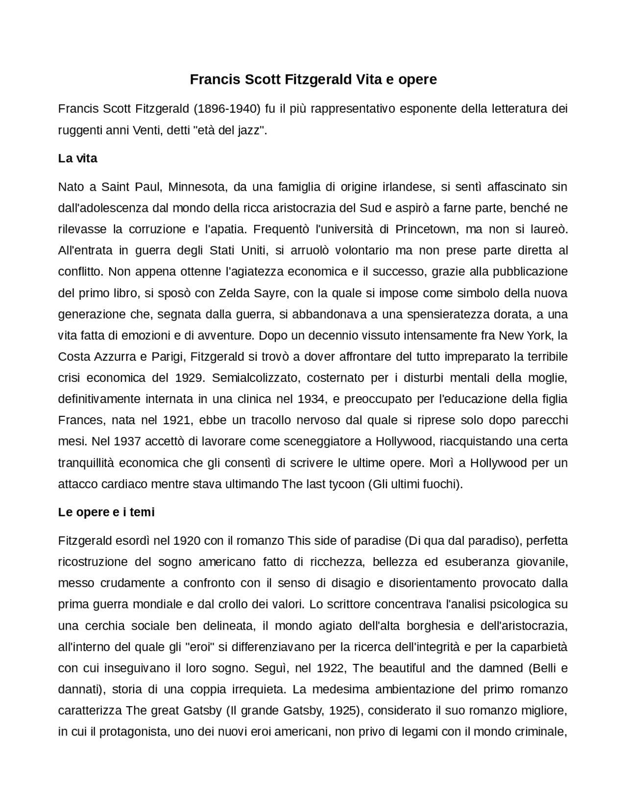 Vita E Opere Di Scott Fitzgerald Docsity