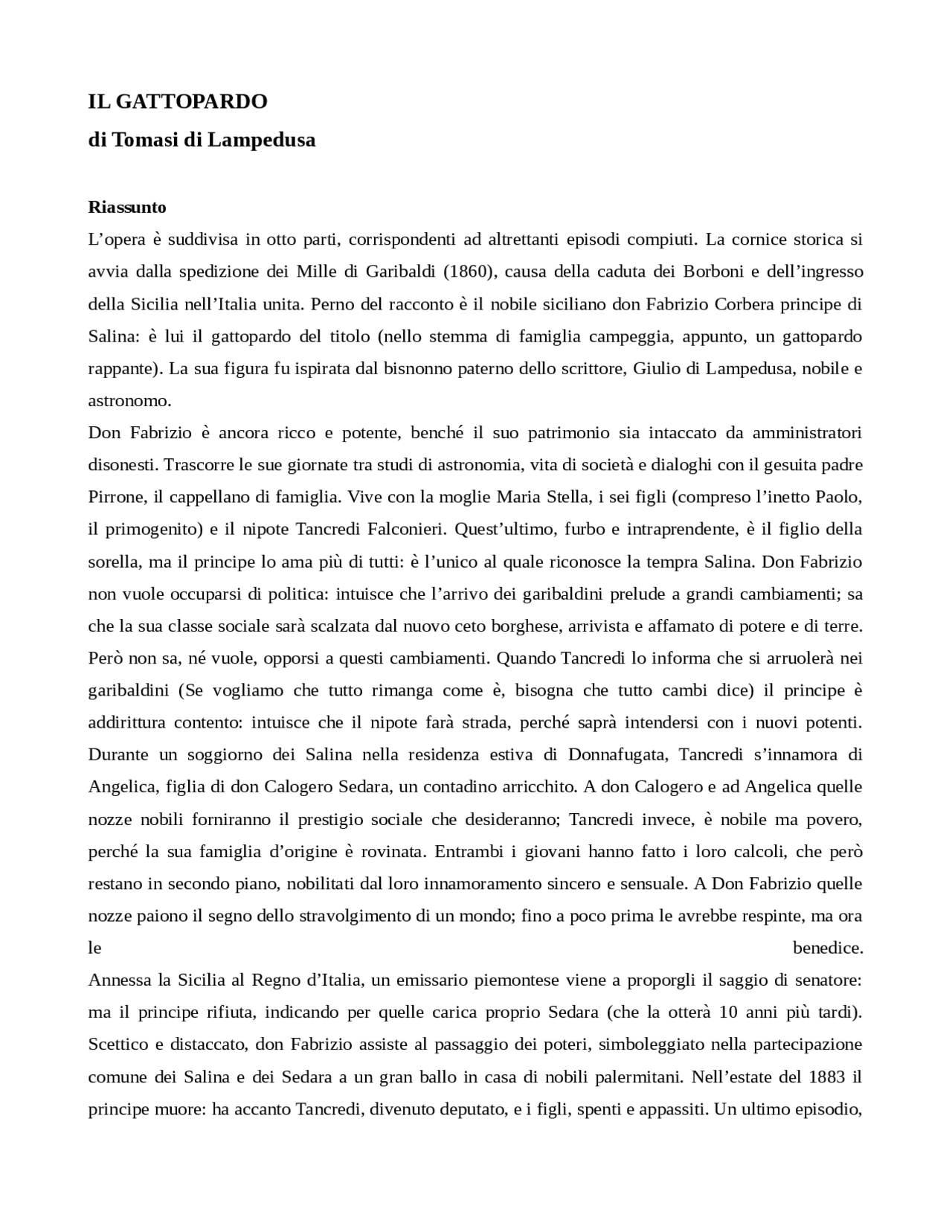 Il Gattopardo Di Tomasi Di Lampedusa Docsity
