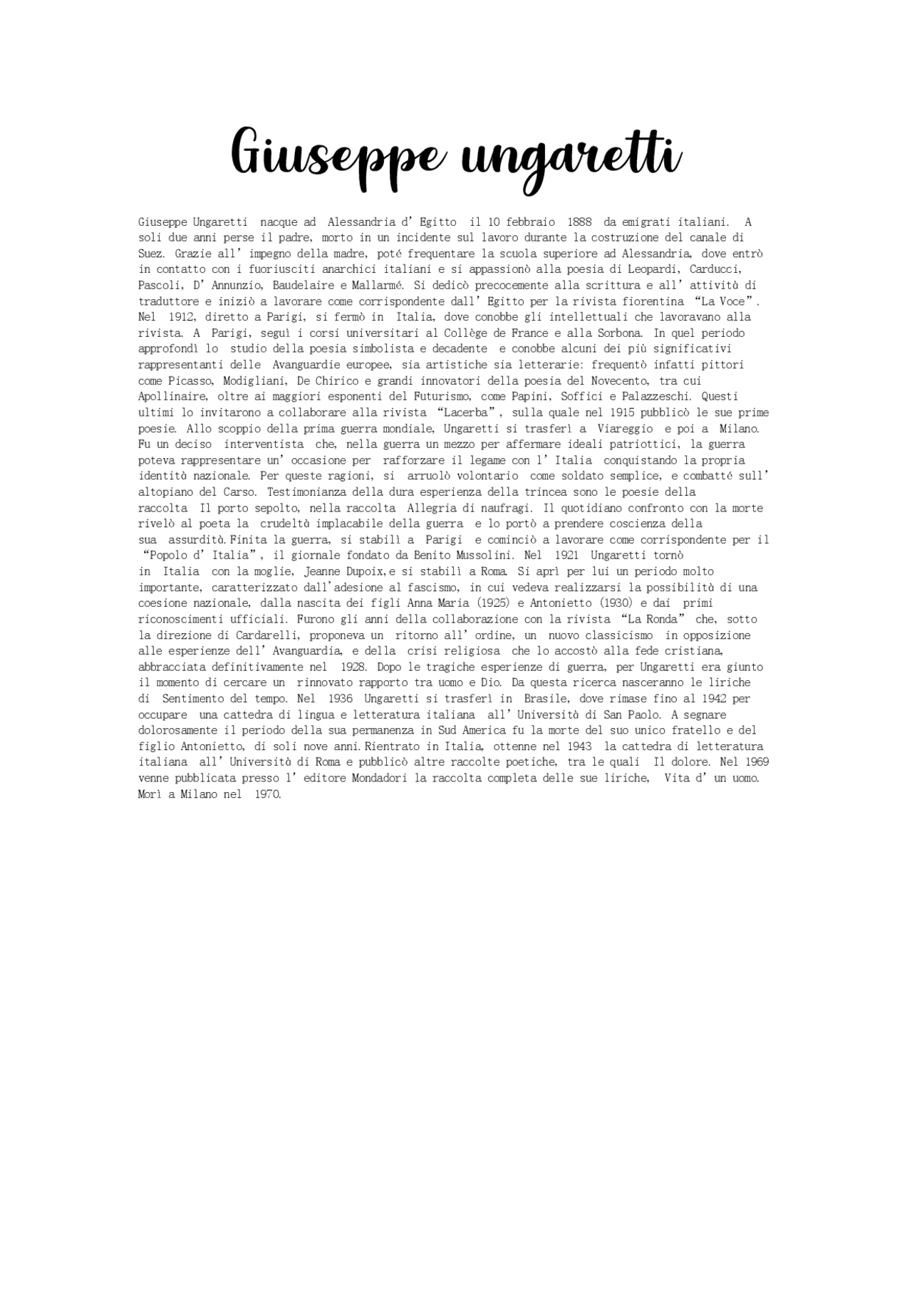 Appunti Su Ungaretti Docsity