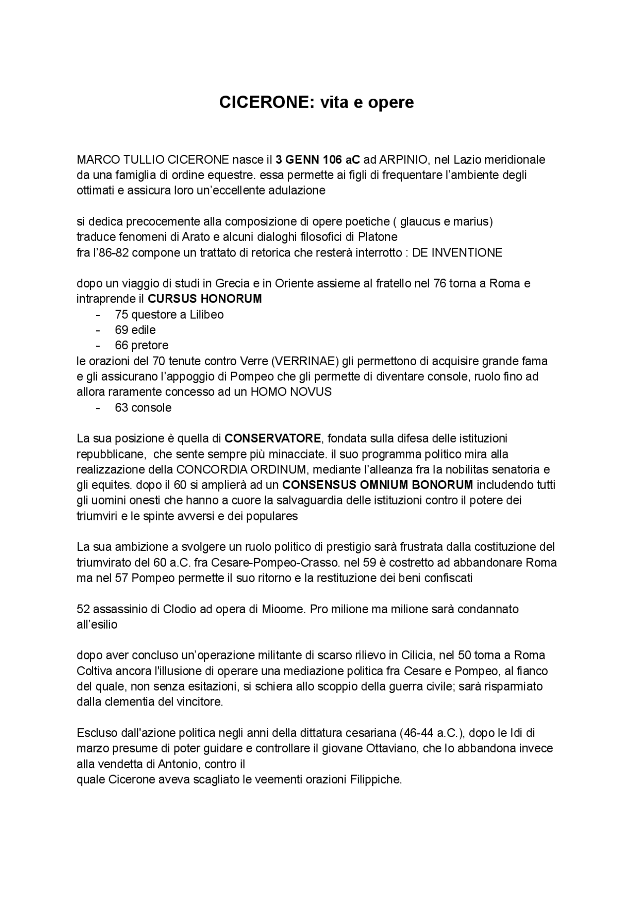 Cicerone Vita E Opere Schemi E Mappe Concettuali Di Latino Docsity