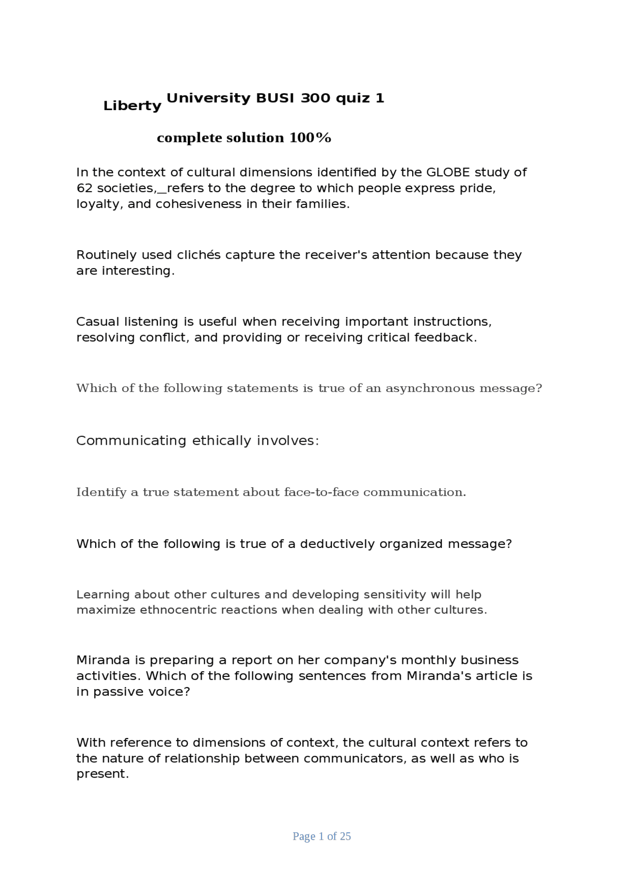 Liberty University BUSI 300 quiz 1 complete solution | Exams Business Finance | Docsity