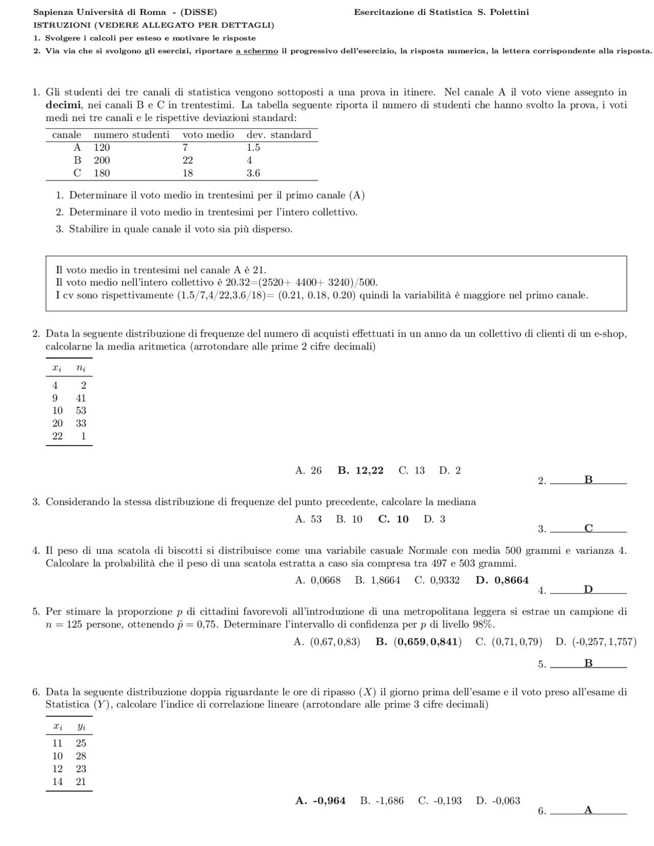 Esercizi Per Esame Di Statistica Prove Desame Di Statistica Docsity