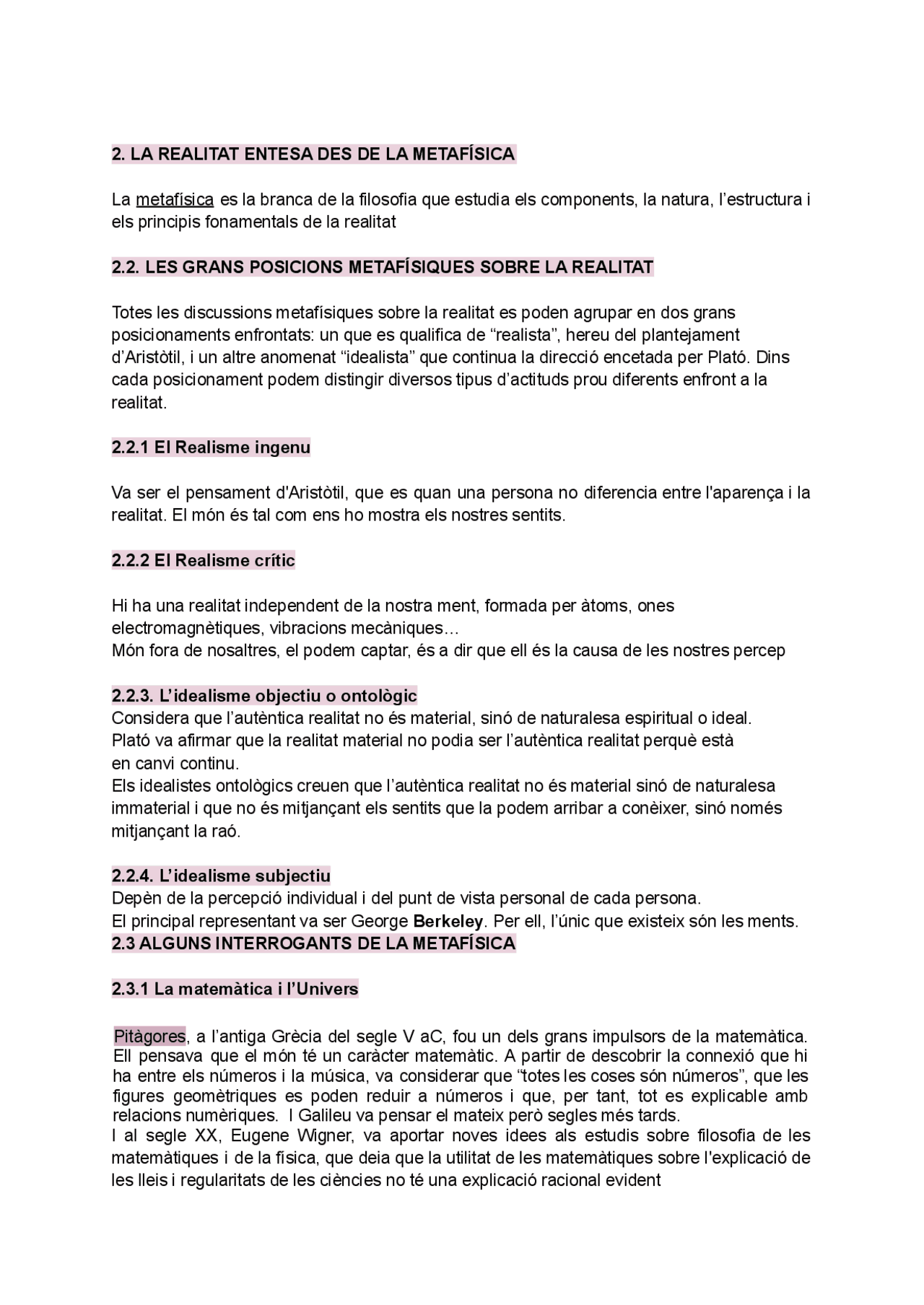 Què és la realitat?- 1r Batx | Resúmenes de Filosofía | Docsity