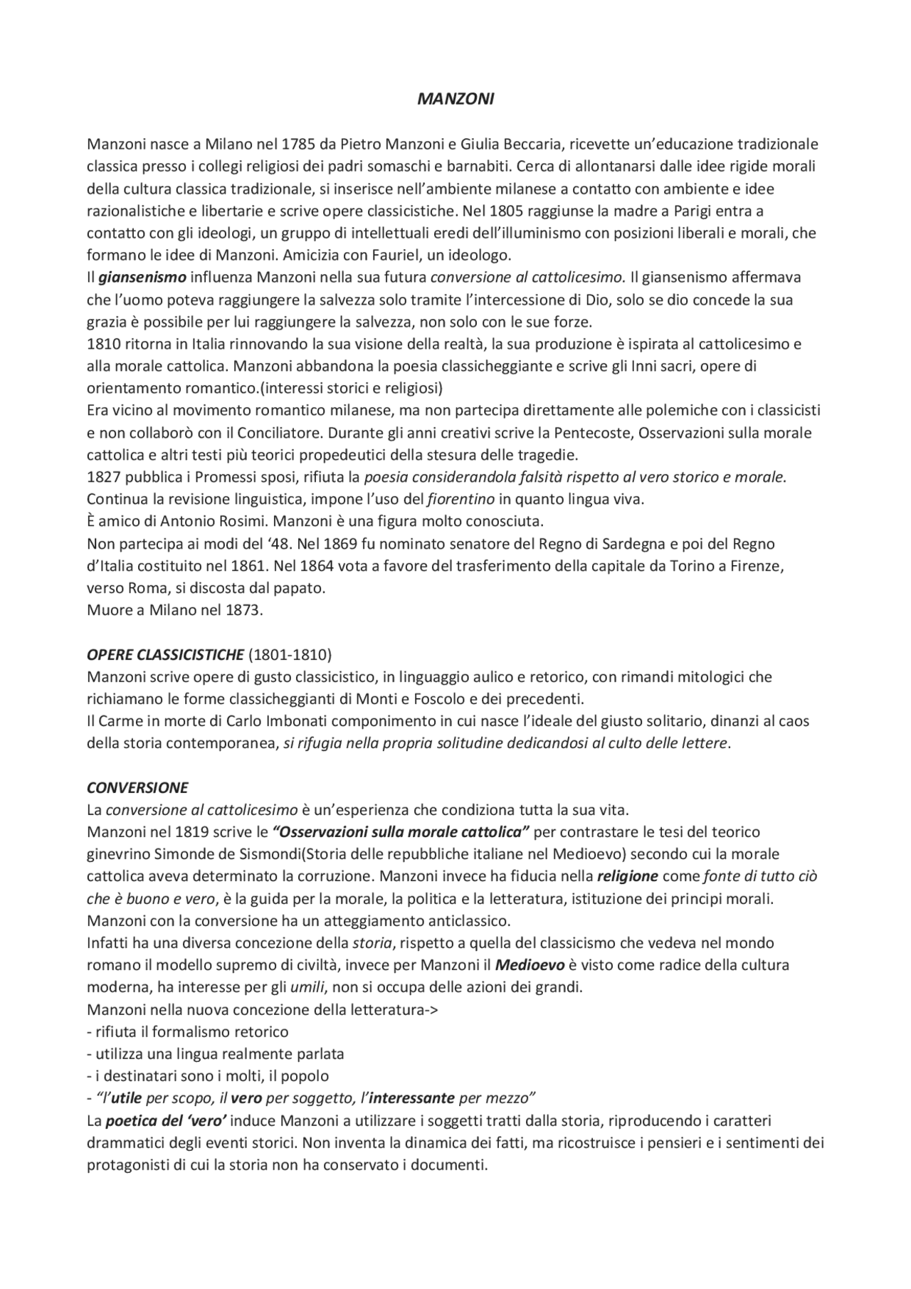 MANZONI riassunto classe quinta - Docsity