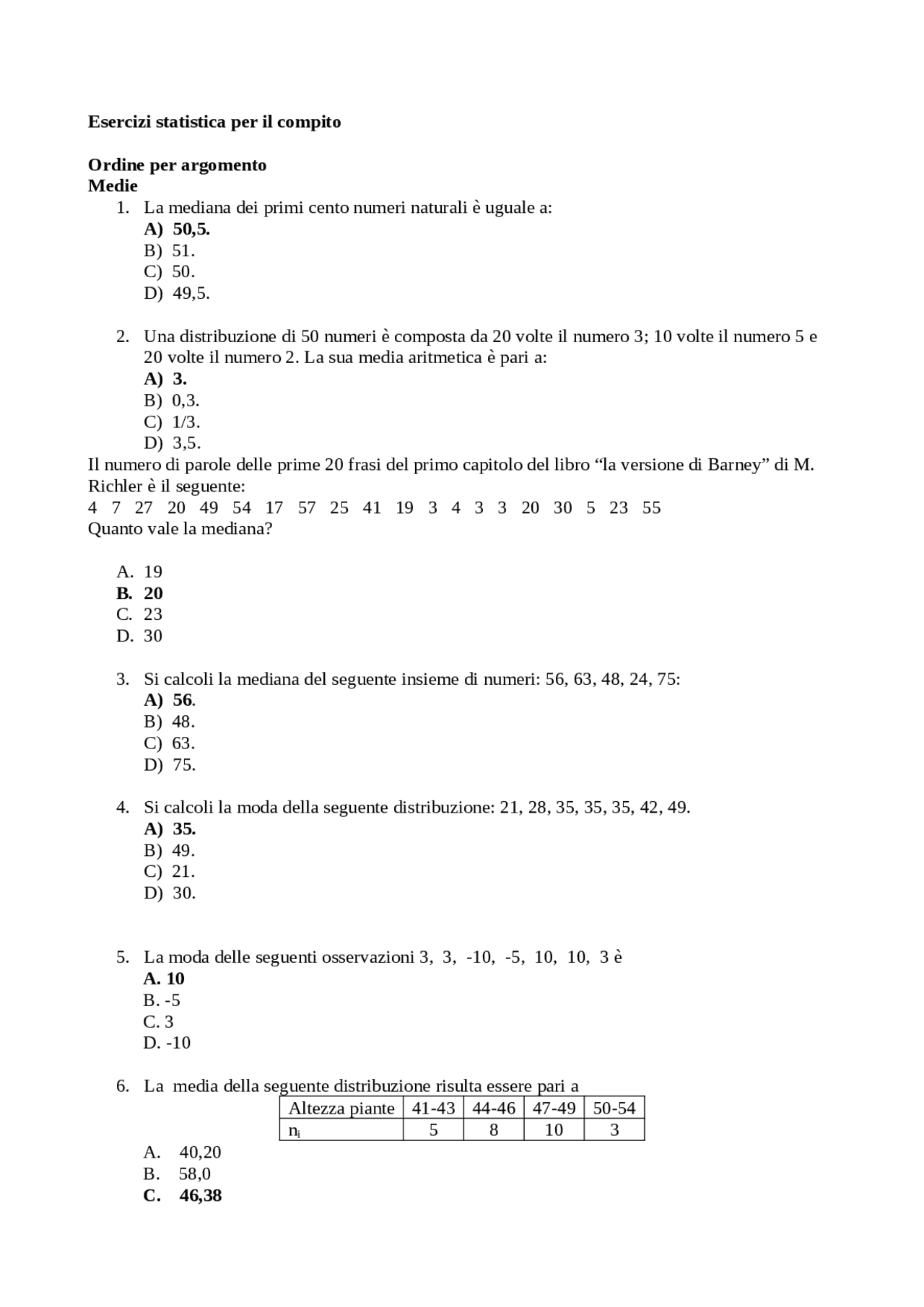 esercizi per esame di statistica | Prove d'esame di Statistica | Docsity