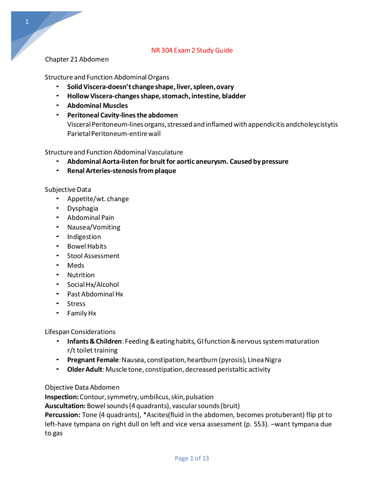 NR 304 Exam 2 Study Guide. | Exams Nursing | Docsity