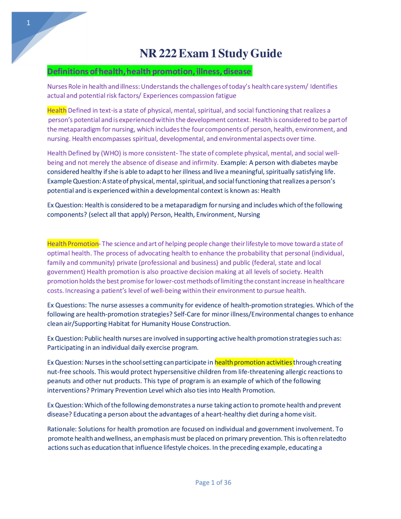 NR 222 Exam 1 Study Guide . - Docsity