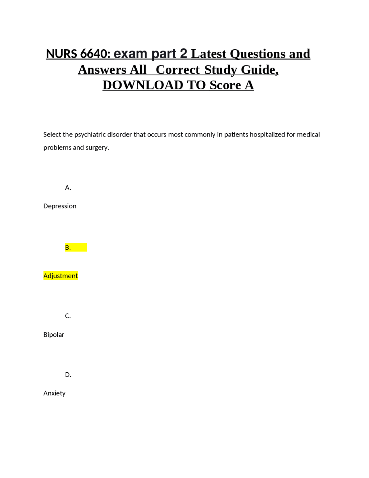 NURS 6640: exam part 2 Latest Questions and Answers All Correct Study ...