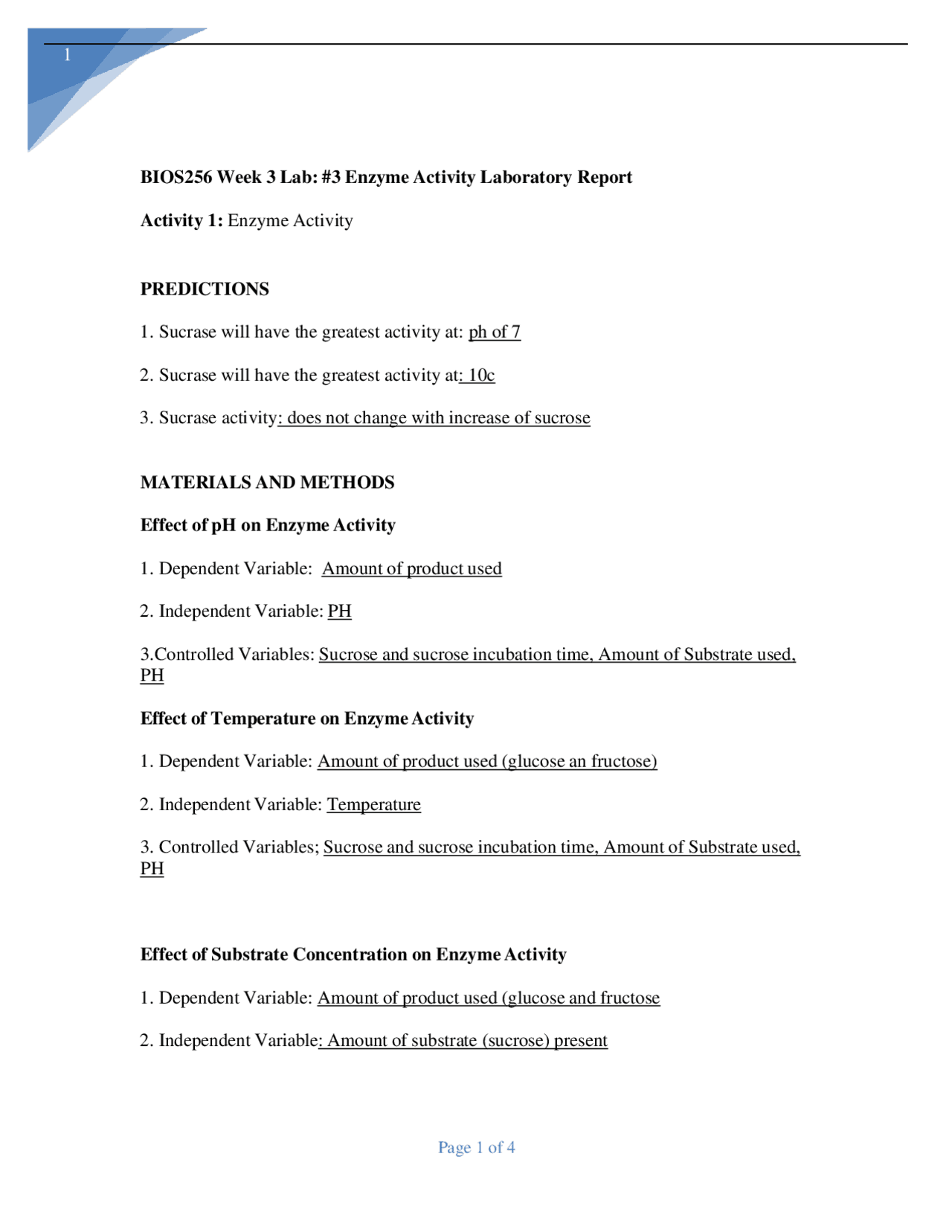 Bios256 Week 3 Lab 3 Enzyme Activity Laboratory Report Docsity
