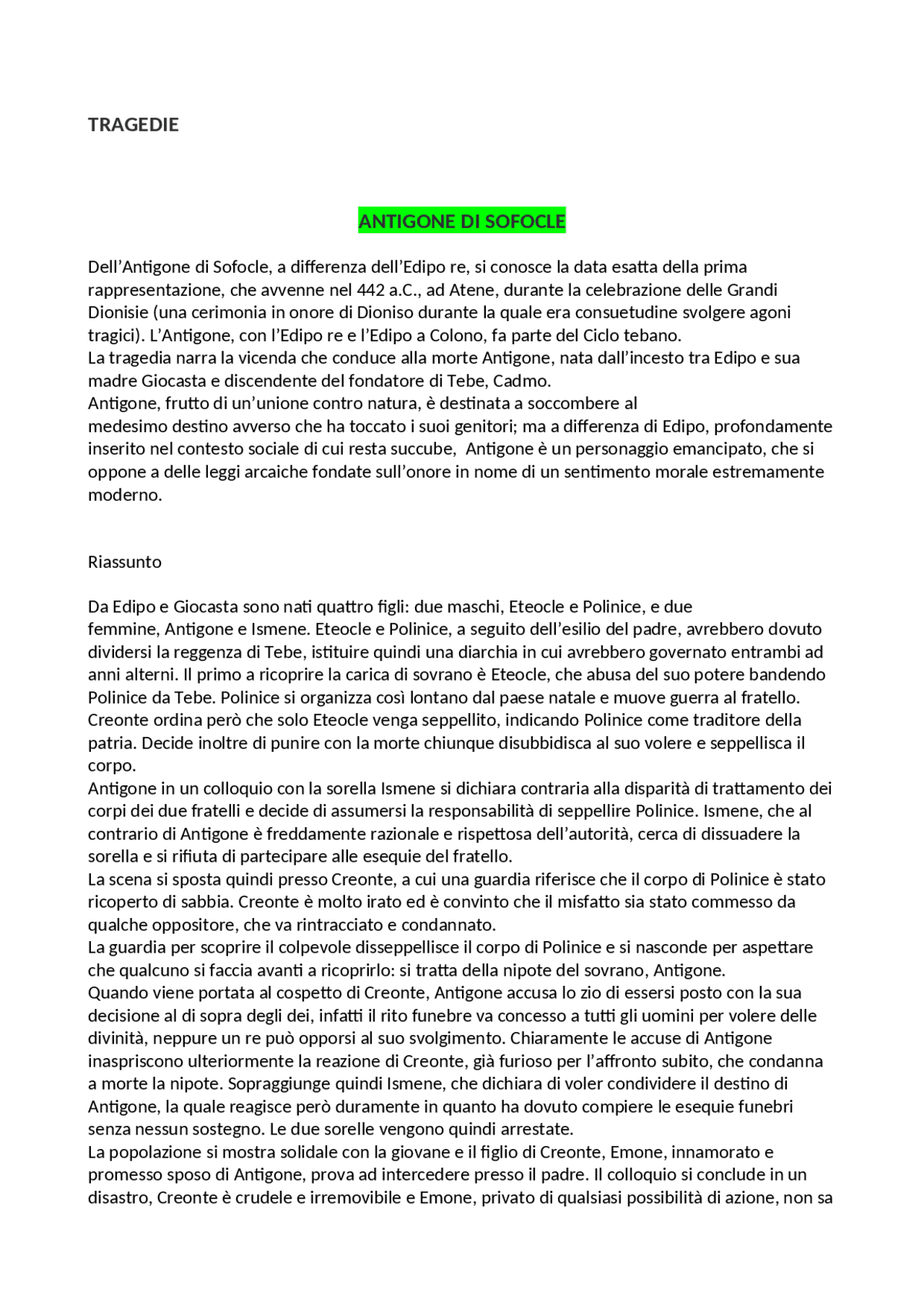 Riassunti Di Tragedie Greche Docsity