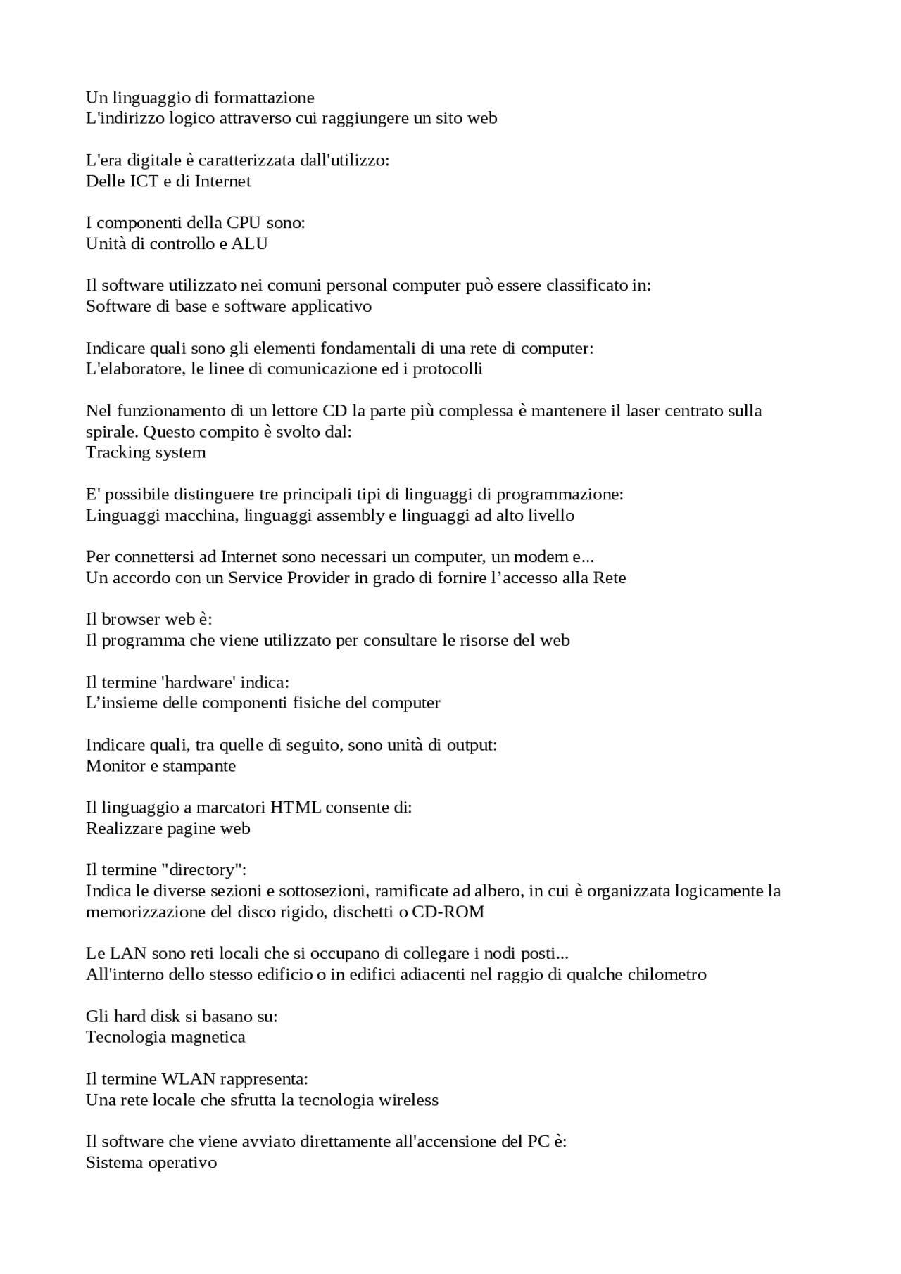 Test Autovalutazione Completo Informatica Pegaso Docsity