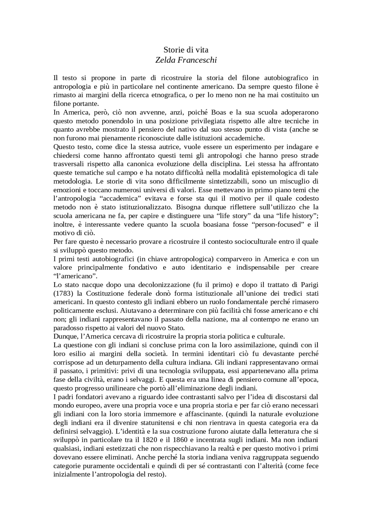 Sintesi Storie Di Vita Zelda Franceschi Docsity