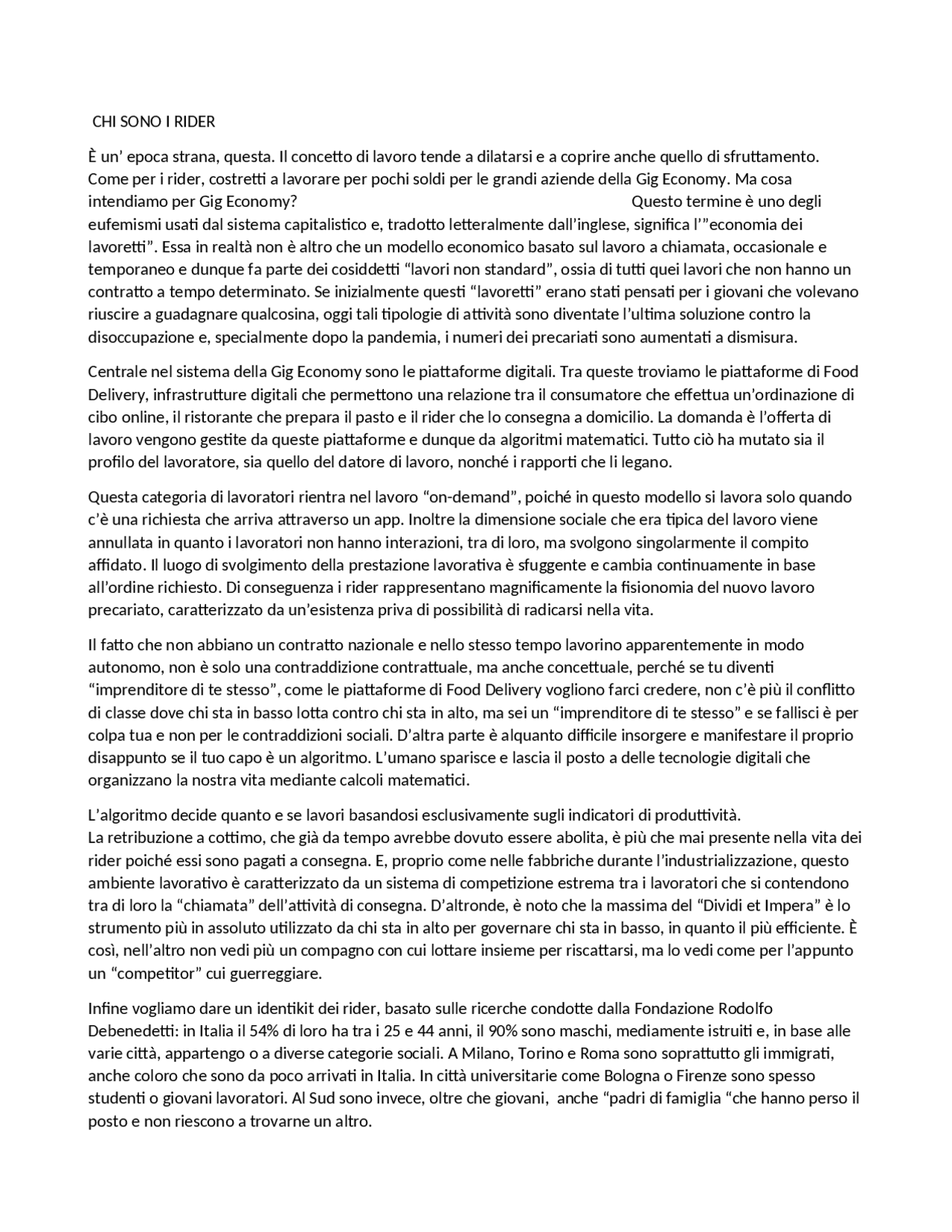 Lavoro o sfruttamento, I rider - Docsity