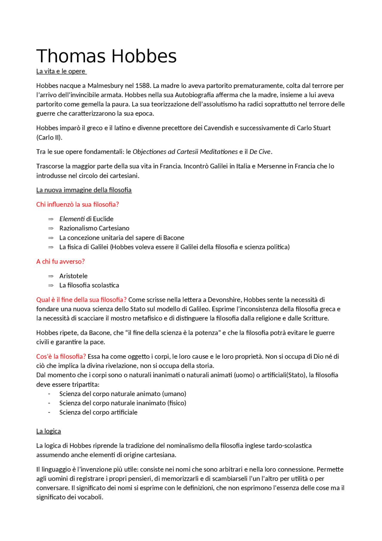 La filosofia di Thomas Hobbes - Docsity