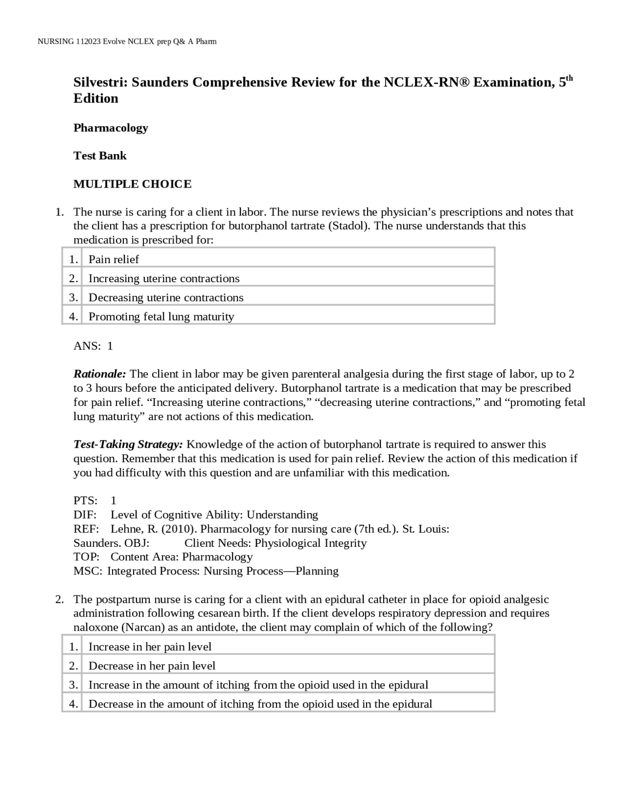 Evolve NCLEX prep Q& A Pharm/Silvestri: Saunders Comprehensive graded A ...