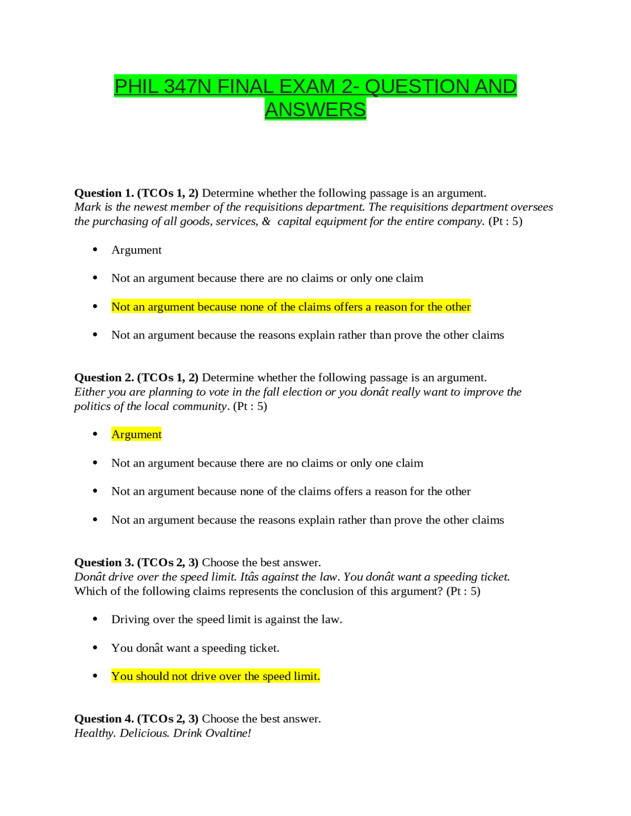 Philosophy Final Exam Questions and Answers | Exams Nursing | Docsity