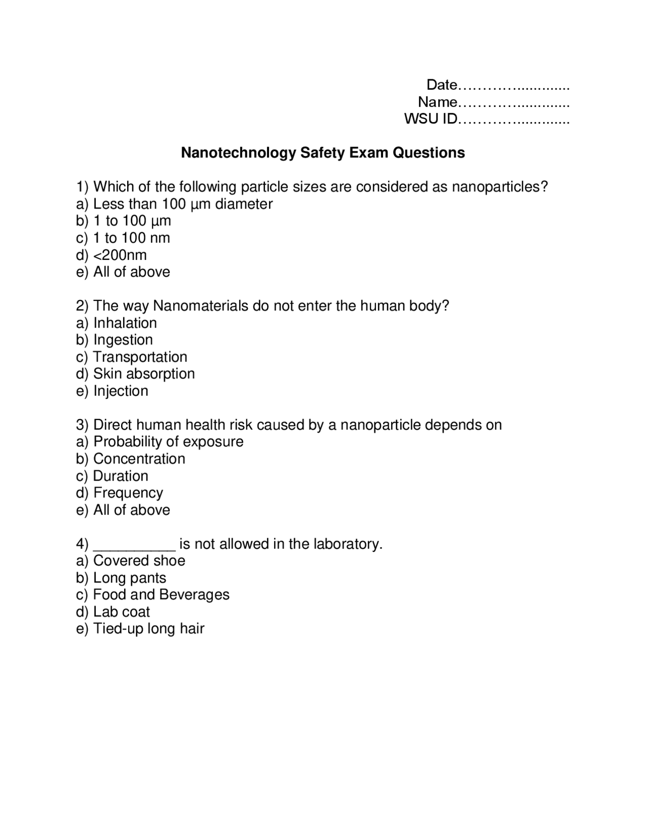 Nanotechnology Safety | Quizzes Nanotechnology - Docsity