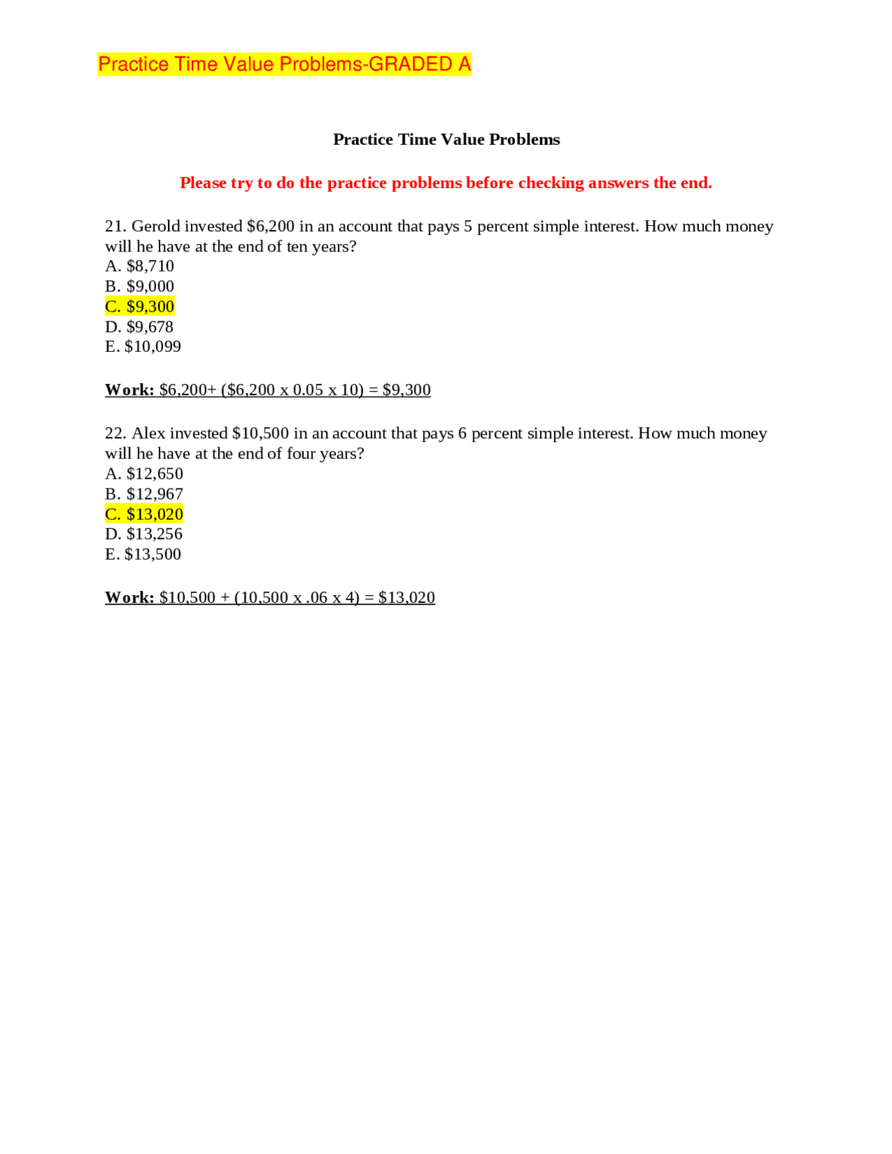 Practice Time Value Problems-GRADED A | Exams Mathematics | Docsity